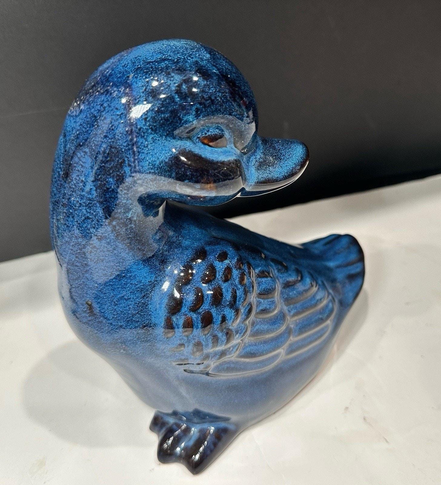 Vintage Pottery Duck Figurine Cobalt Blue Bird Speckled Woodland ...