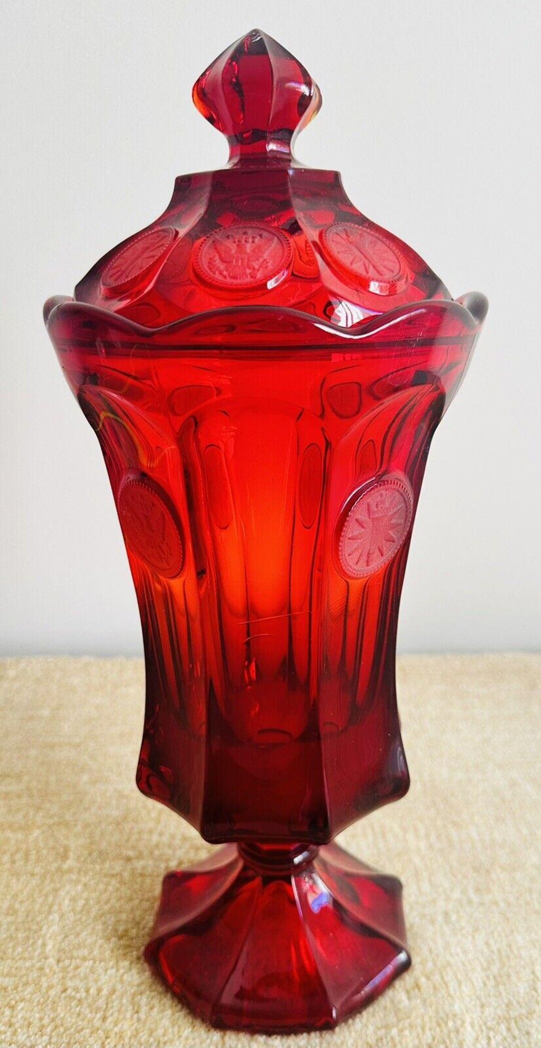 VINTAGE Fostoria 13 Ruby Red Coin Covered Candy Dish Tall Heavy Read - Etsy
