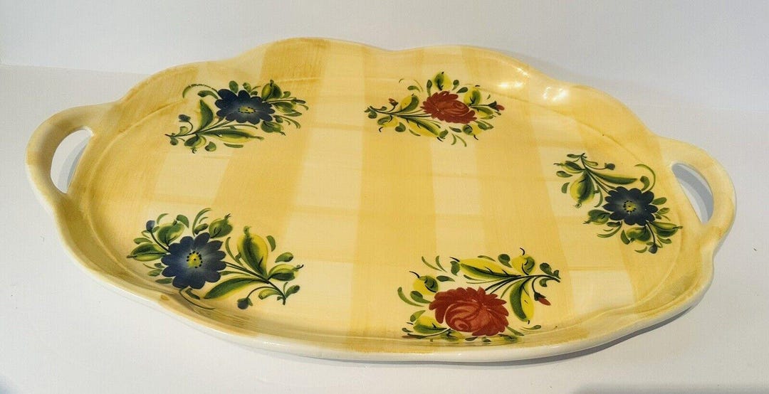 Ceramica Due Torri Yellow Plaid Floral Oval Handled Tray/platter_ Made ...