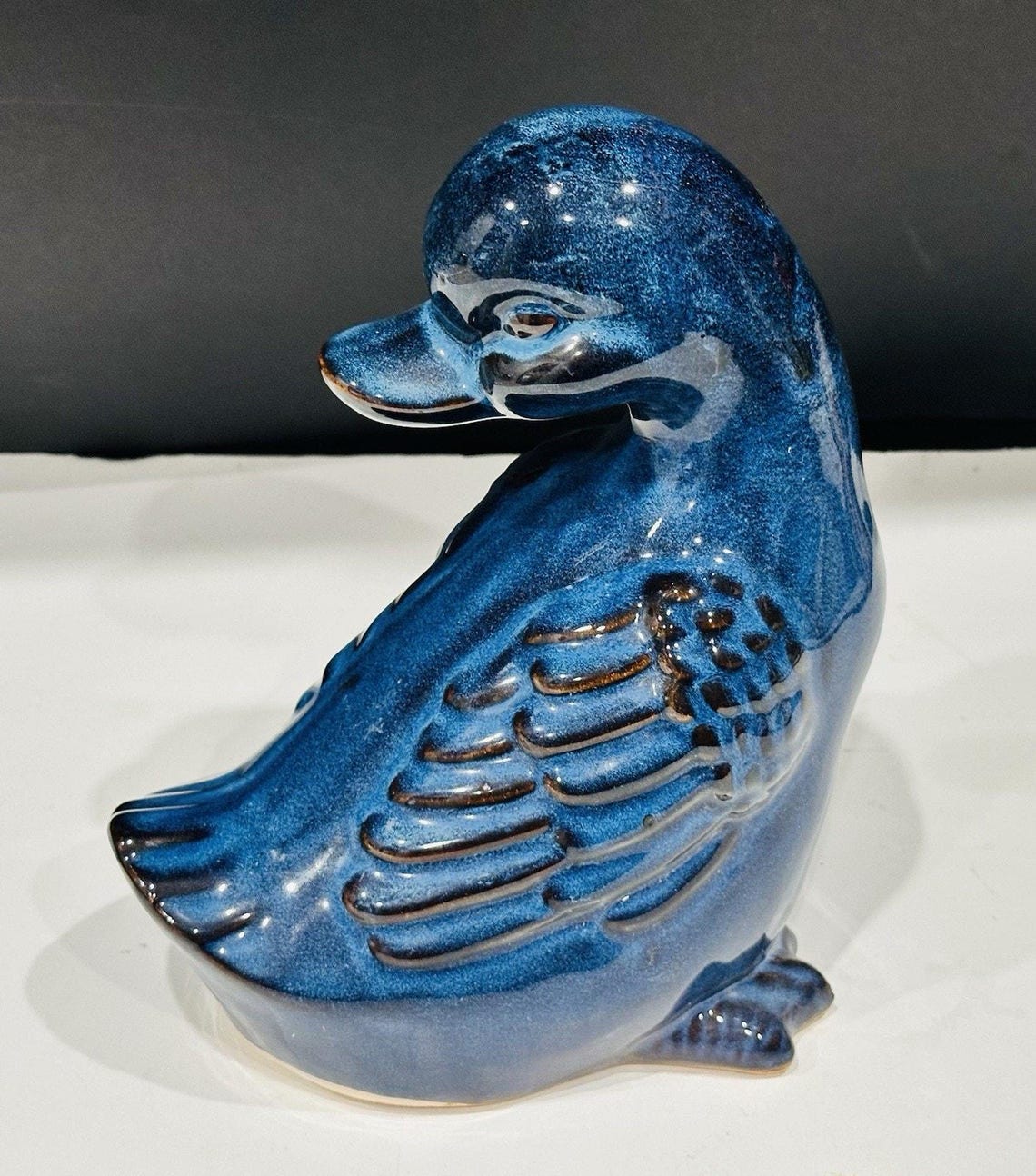 Vintage Pottery Duck Figurine Cobalt Blue Bird Speckled Woodland ...