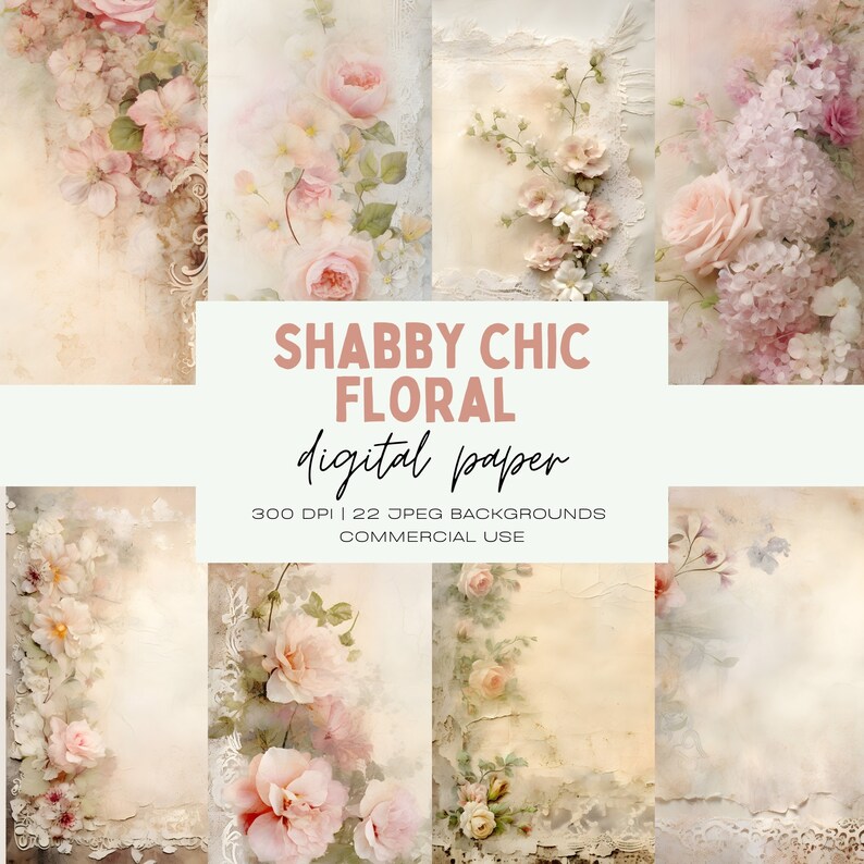 Shabby Chic Floral Digital Paper, Printable Scrapbook Paper, Junk ...