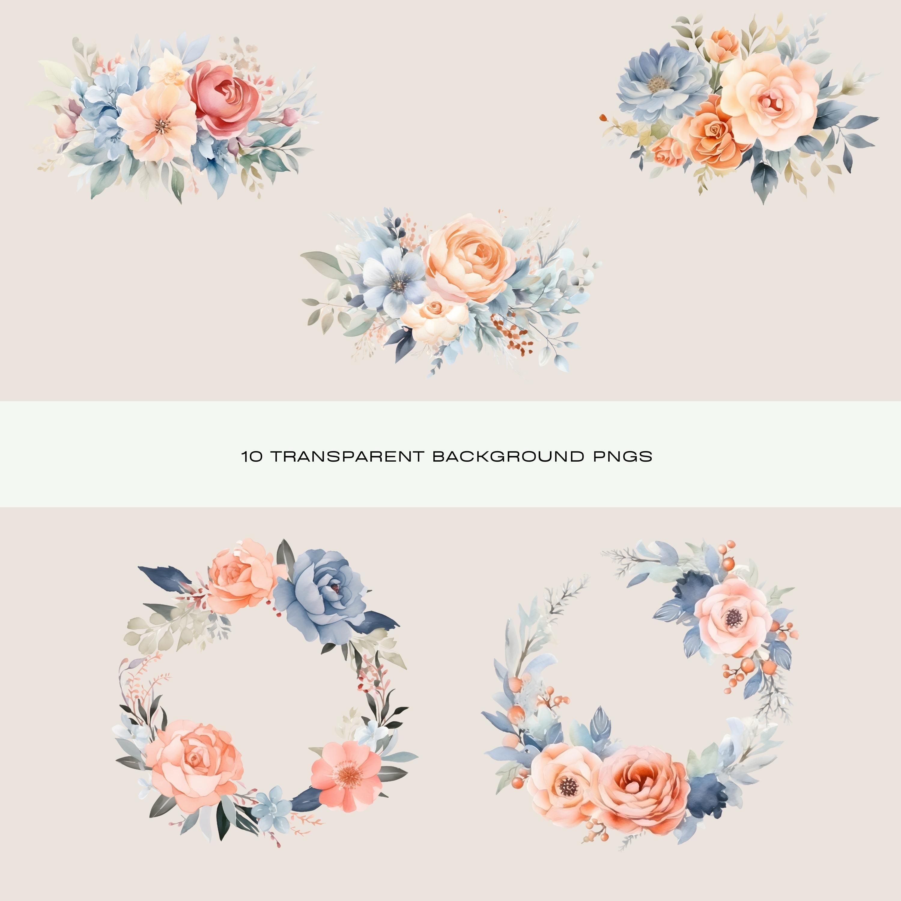 Spring Floral Clipart Pack, Blush Pink, Dusty Blue Flowers (pngs ...