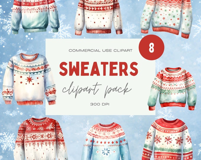 Ugly Christmas Sweaters Clipart Pack, Watercolor Festive Clipart, Xmas ...