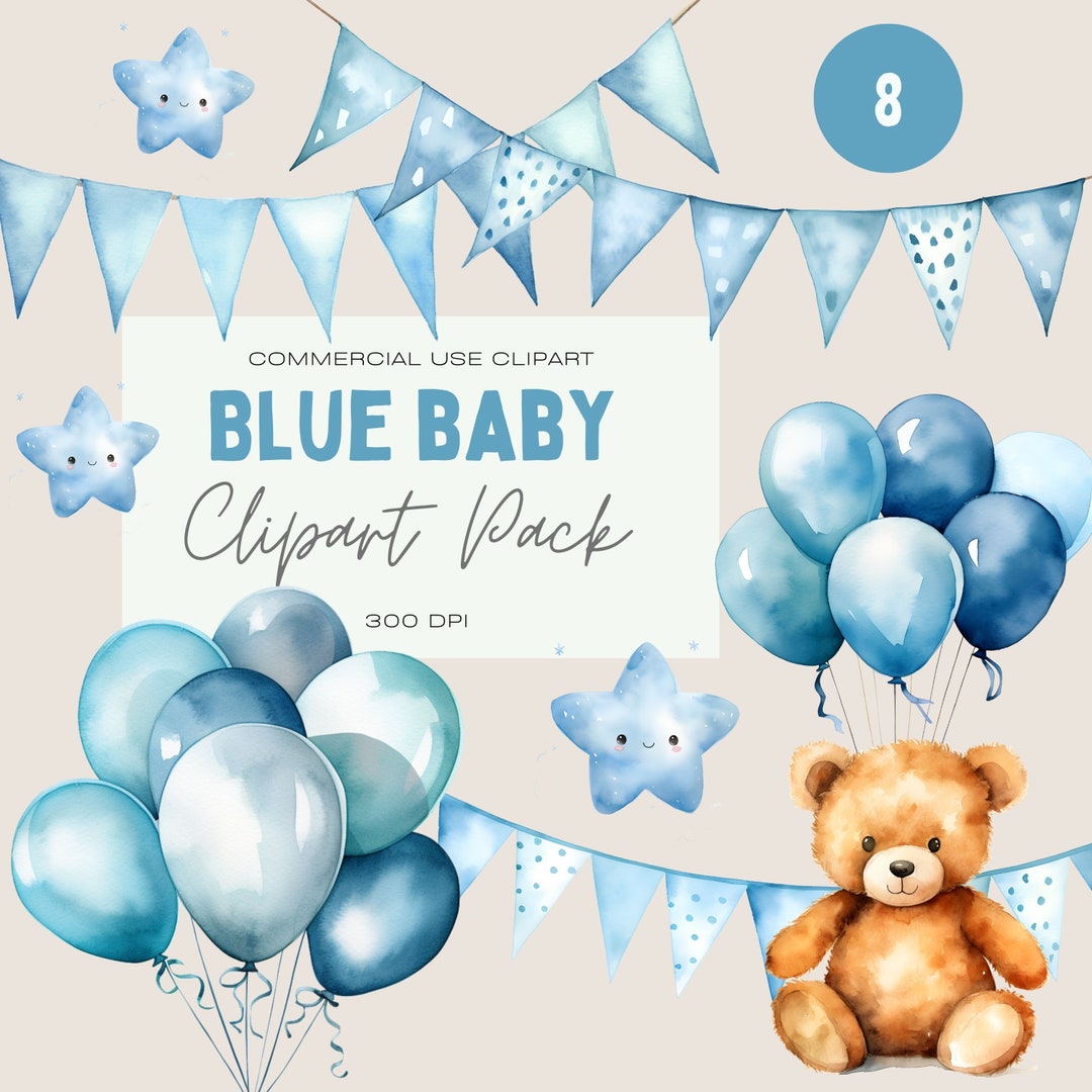 Blue Baby Shower Clipart Bundle Watercolor, Commercial Use Transparent ...