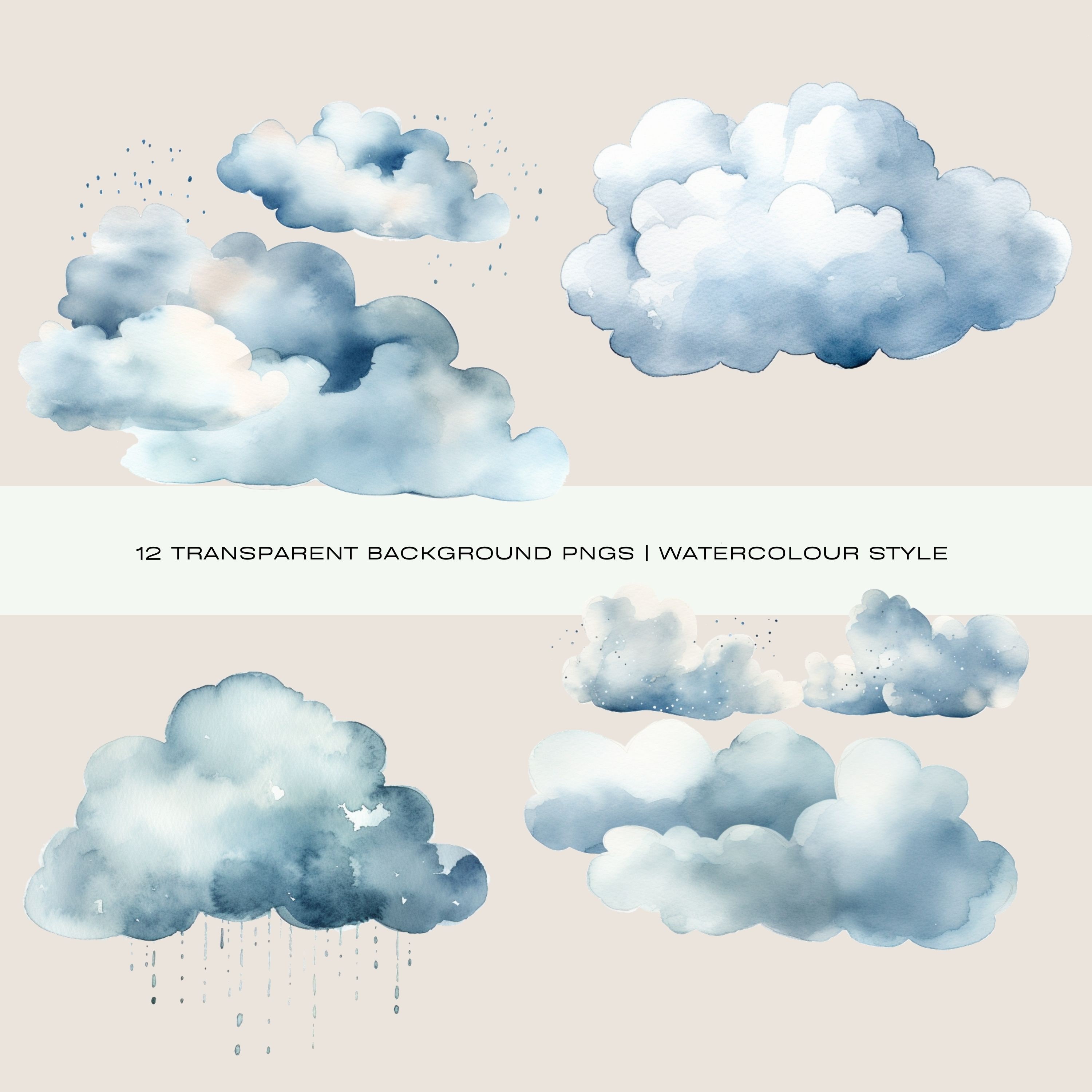 Watercolor Cloud Clipart, Clipart for Commercial Use, Transparent Pngs ...
