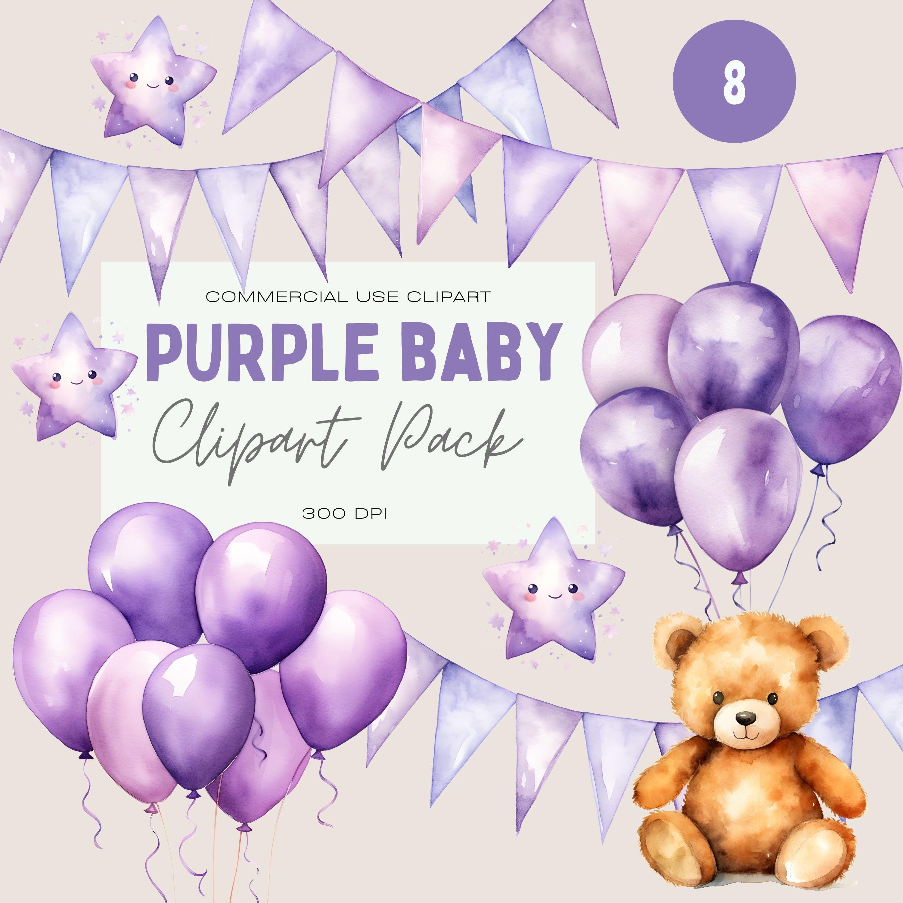Purple Baby Shower Clipart Bundle Watercolor, Clipart for Commercial ...