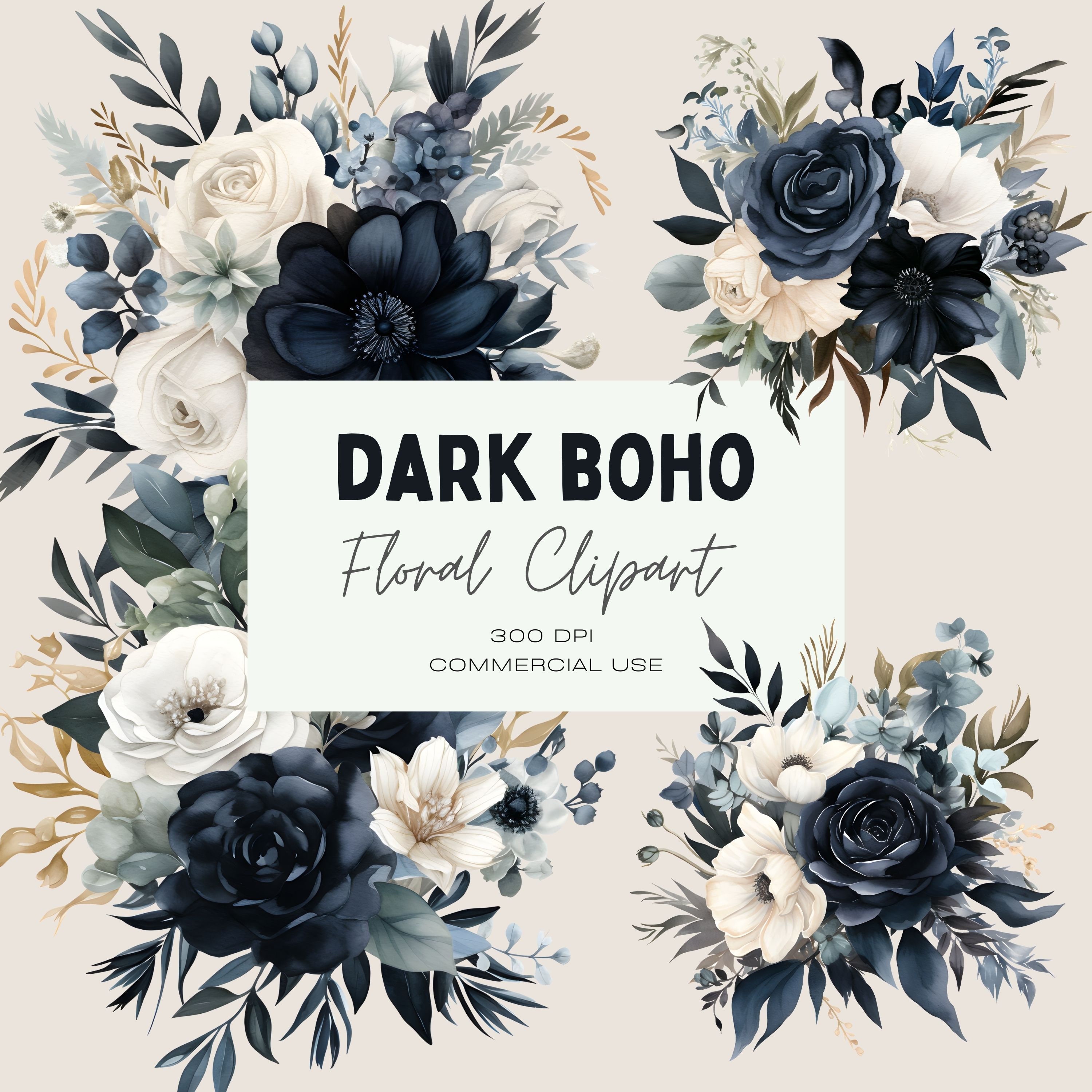 Dark Boho Floral Clipart Pack, Clipart for Commercial Use, Simple ...
