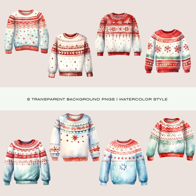 Ugly Christmas Sweaters Clipart Pack, Watercolor Festive Clipart, Xmas ...