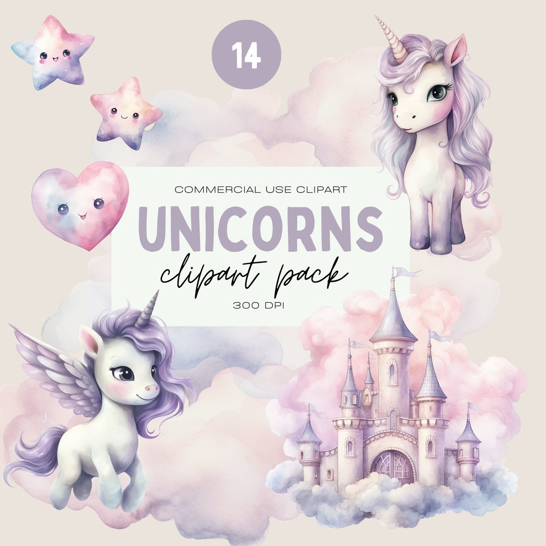 Cute Unicorn Clipart Pack, Watercolor Pastel Unicorns, Commercial Use ...