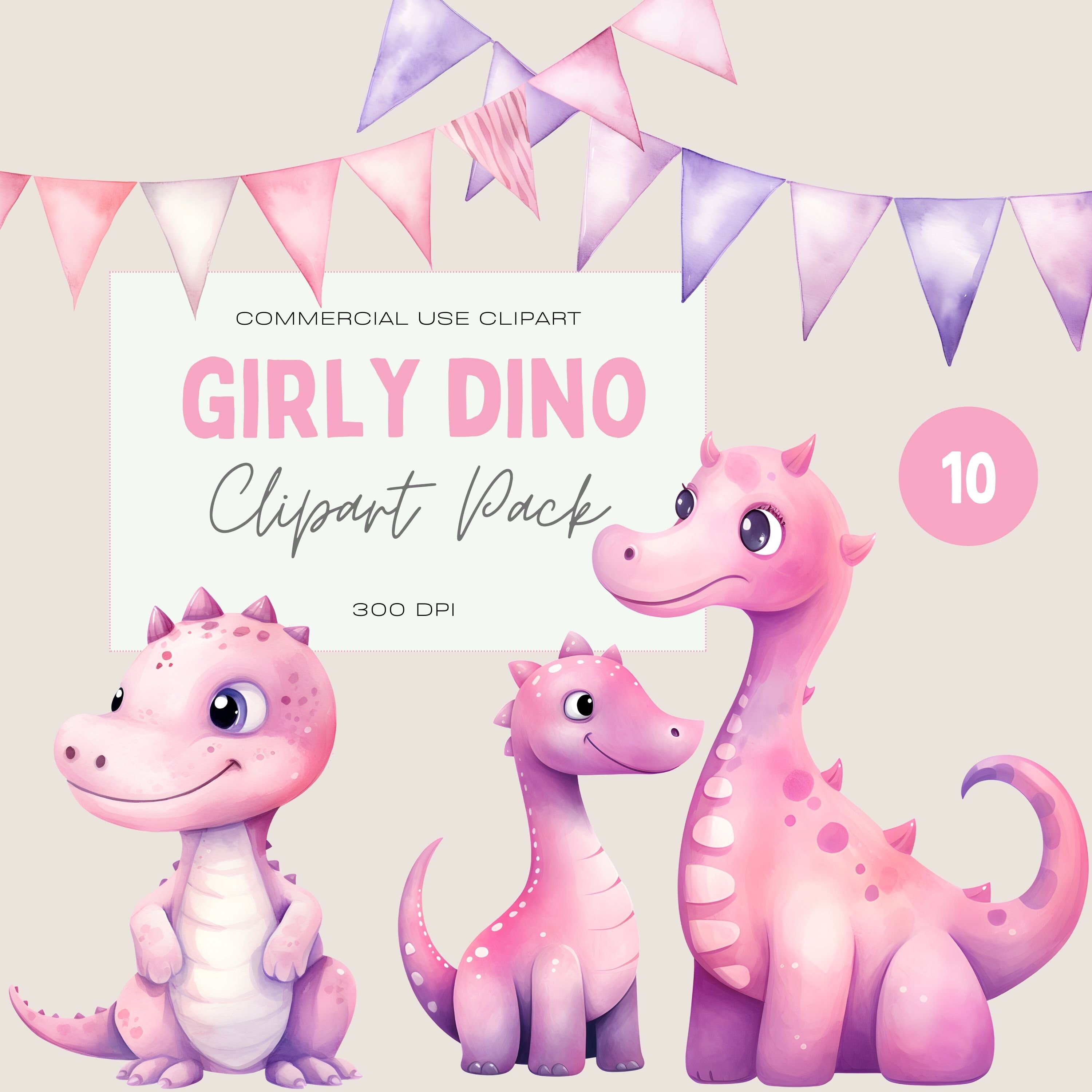 Girly Dinosaur Clipart Pack, Dinosaur Party Clipart, Commercial Use ...