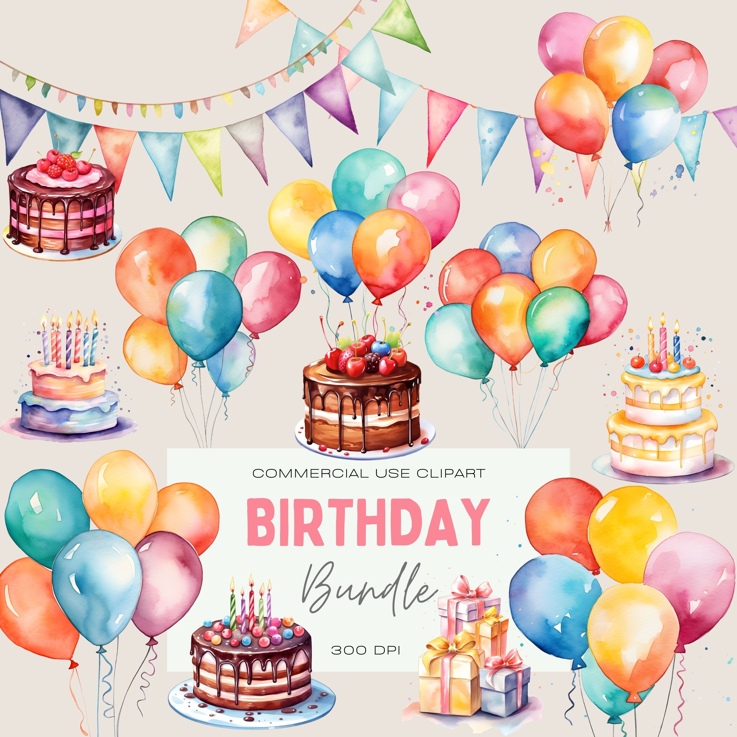 Birthday Party Clipart Bundle Watercolor, Clipart for Commercial Use ...