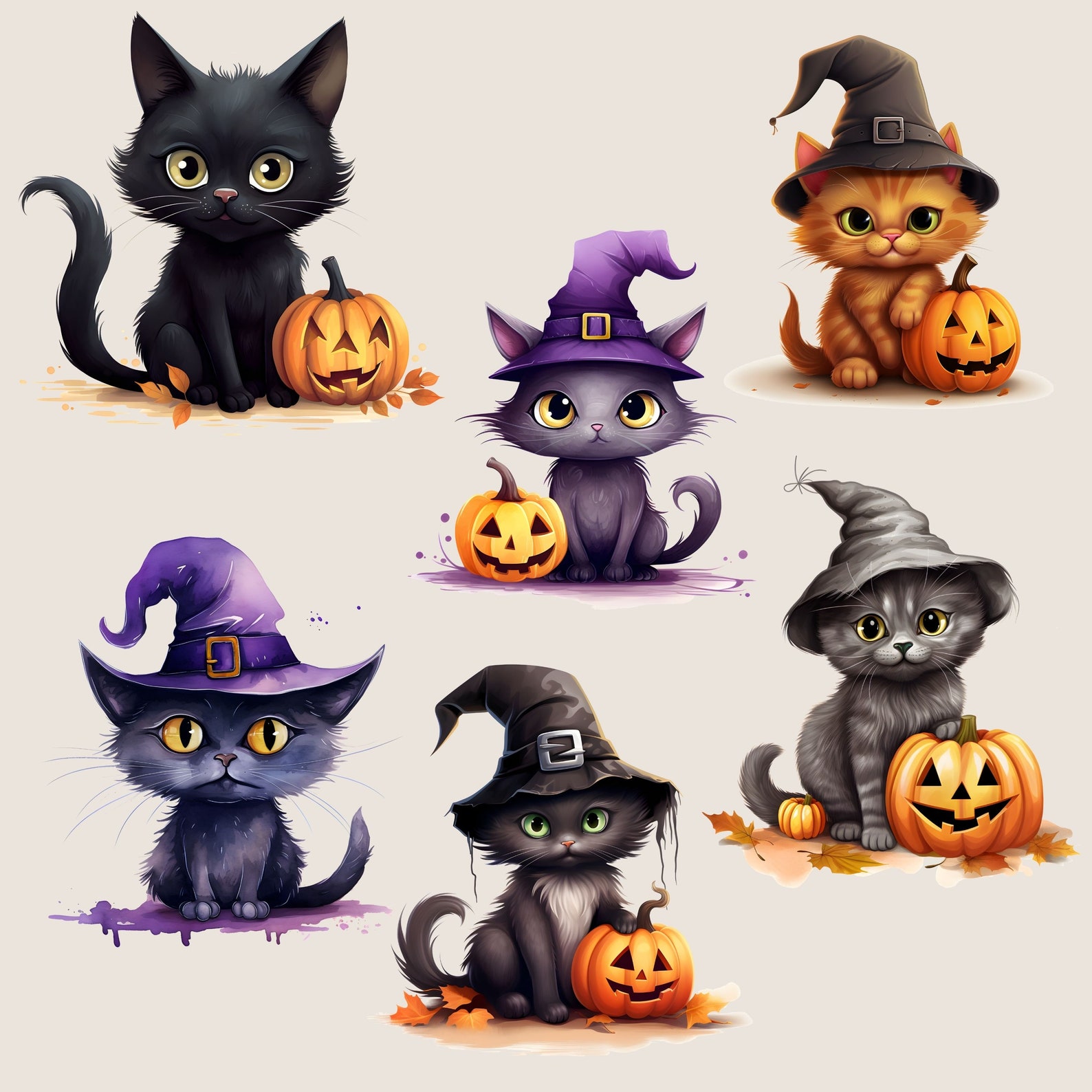 Cute Halloween Cat Clipart, Halloween Clipart Watercolor, Commercial ...