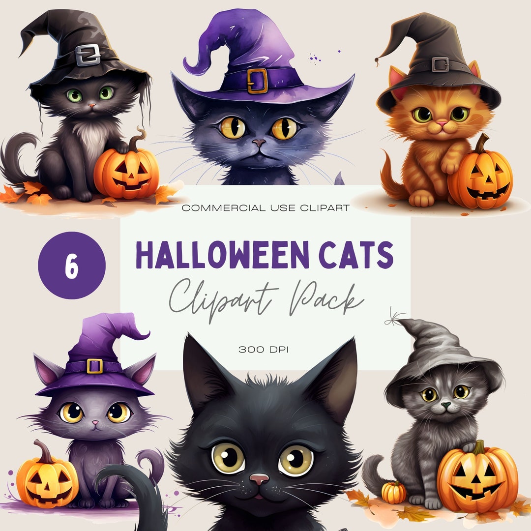 Cute Halloween Cat Clipart, Halloween Clipart Watercolor, Commercial ...