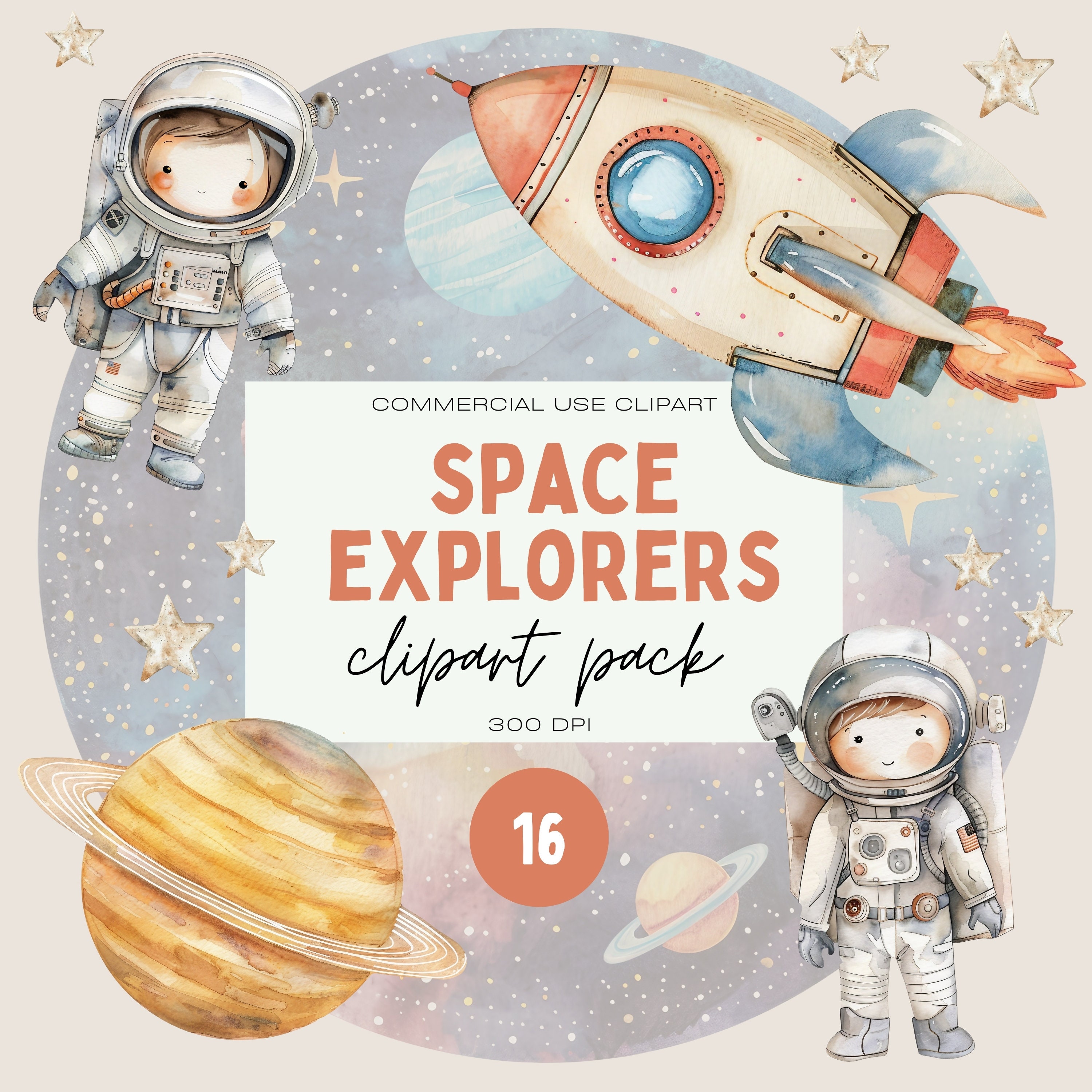 Watercolor Space Clipart Bundle, Astronaut Rocket Transparent Pngs ...