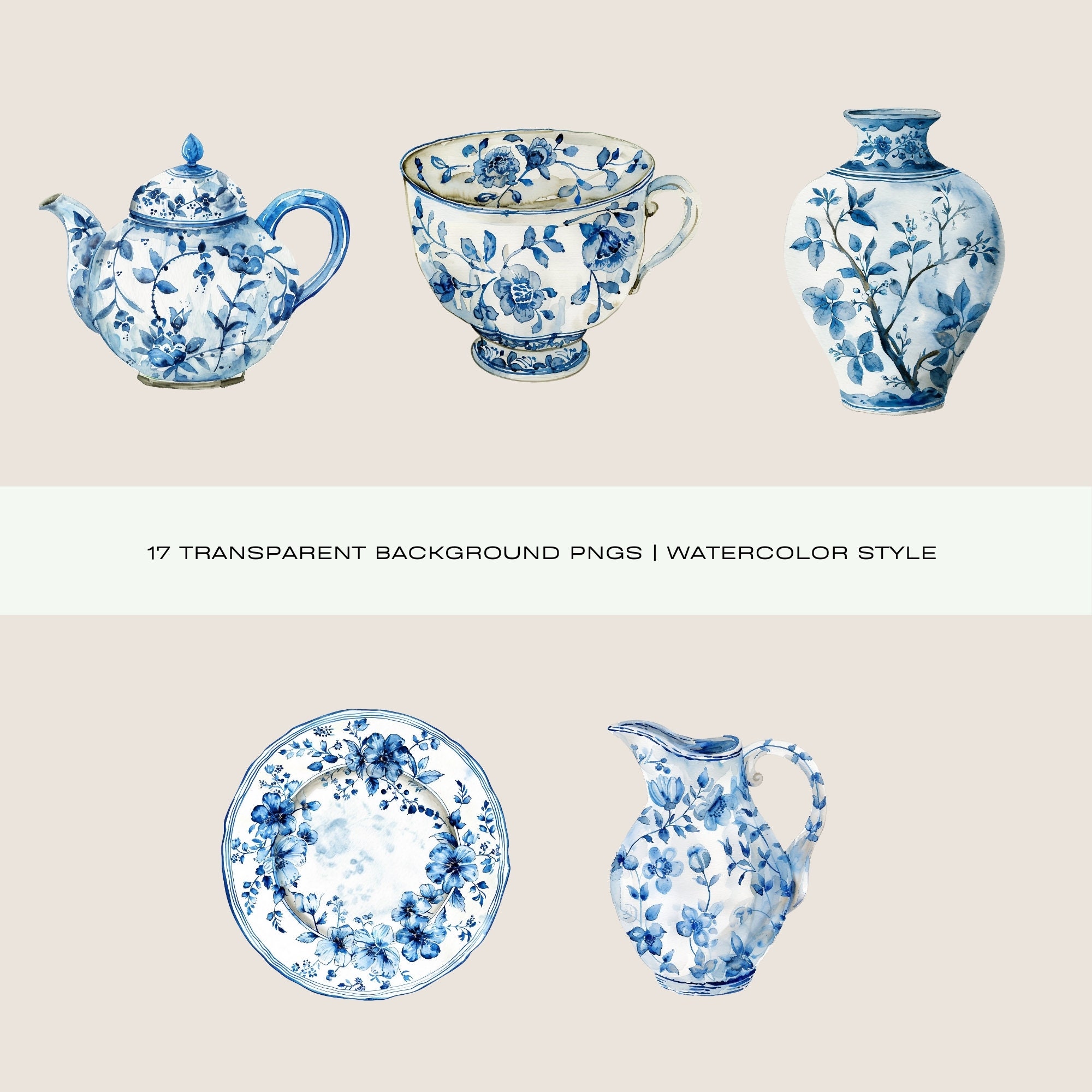 Blue Toile China Clipart: Watercolor Teapot, Vase, Plate (PNG Digital ...