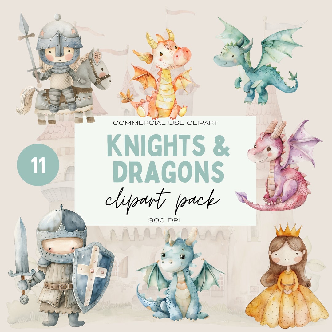 Knights & Dragons Clipart Pack, Watercolor Fairytale Bundle, Commercial ...