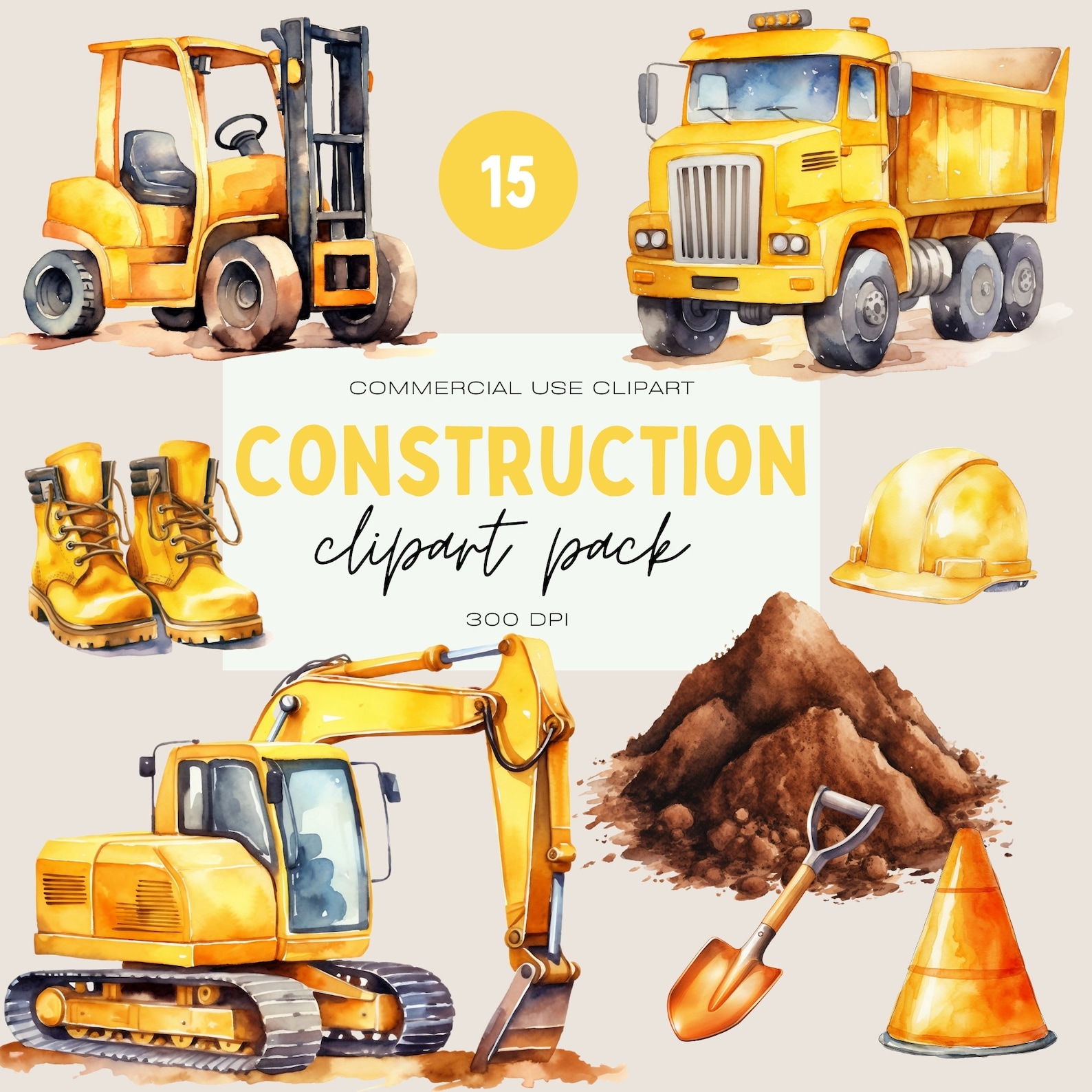 Construction Clipart Pack, Watercolor Excavator Graphics, Commercial ...