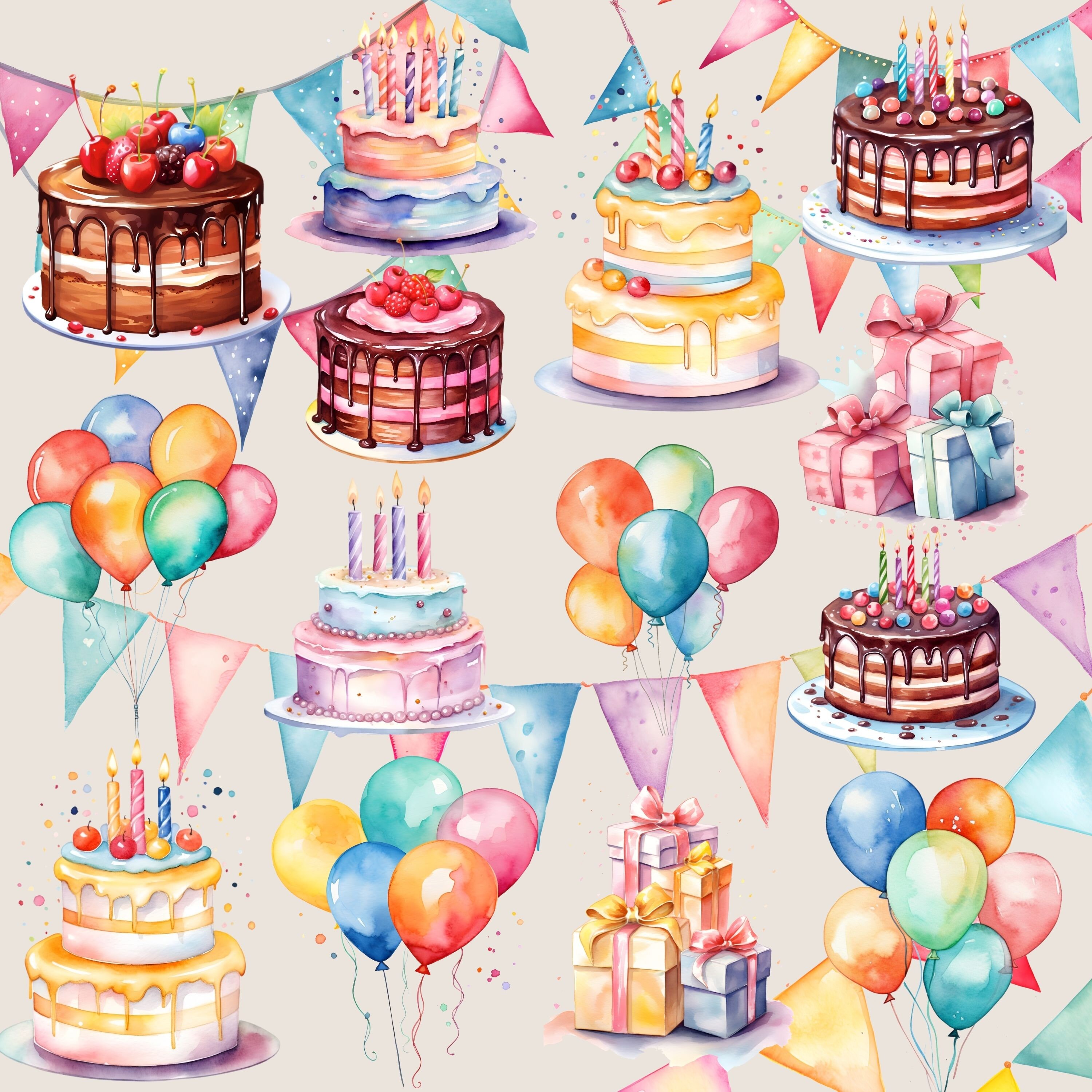 Birthday Party Clipart Bundle Watercolor, Clipart for Commercial Use ...