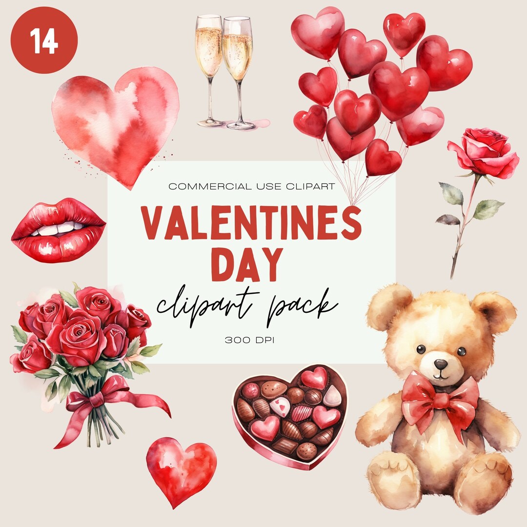 Valentine's Day Clipart Pack, Romantic Watercolor Graphics, Commercial ...