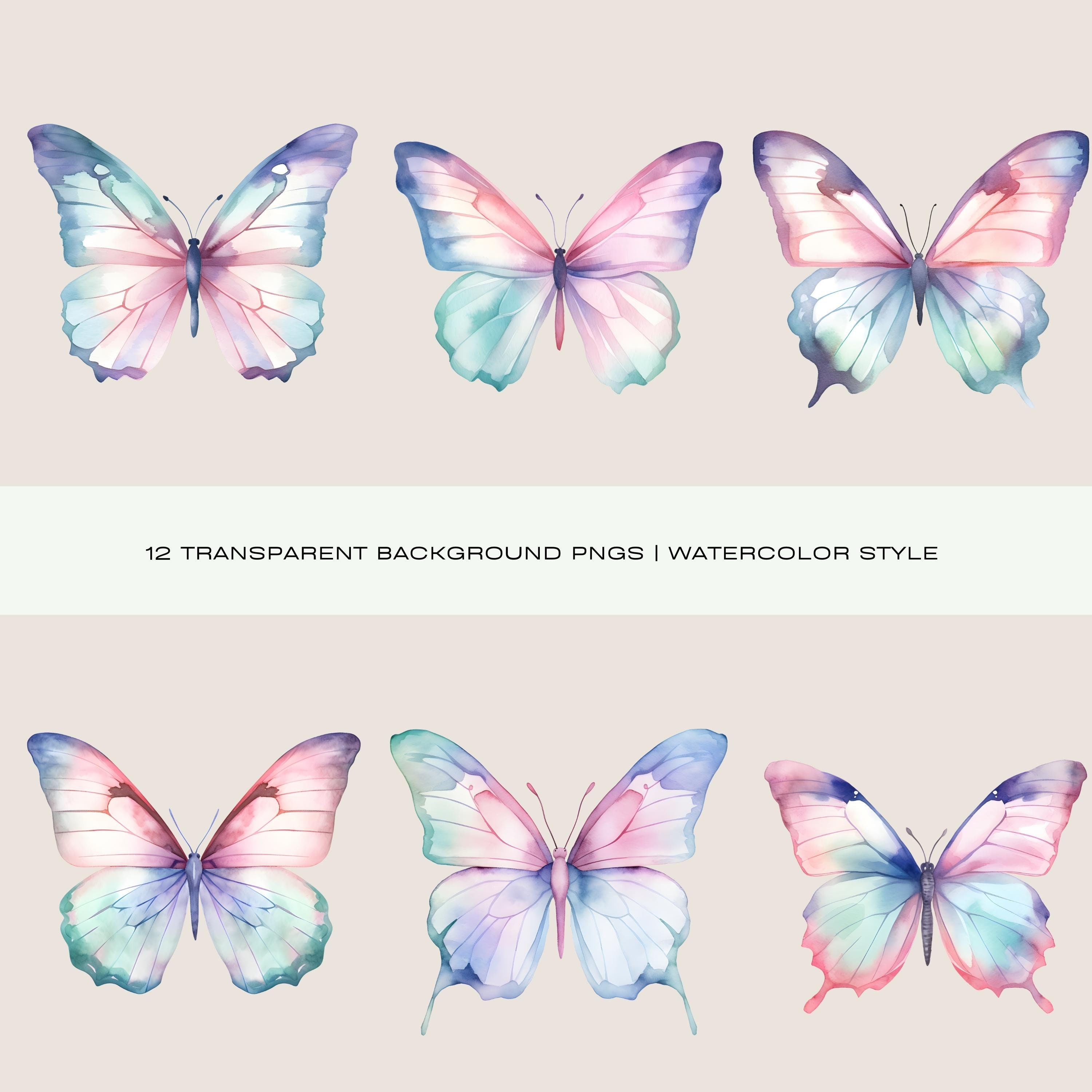 Pastel Butterflies Clipart Pack, Watercolor Butterfly, Commercial Use ...