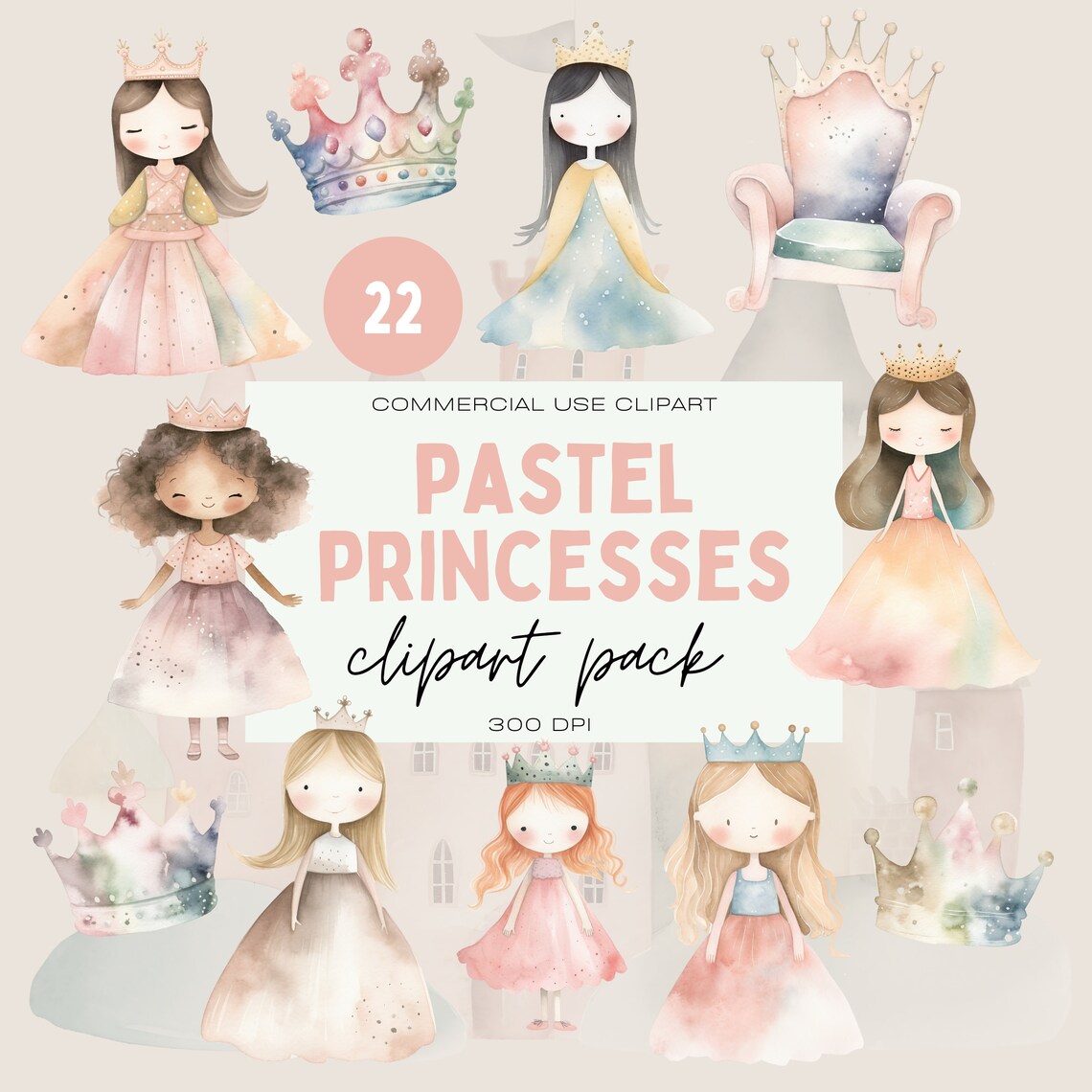 Pastel Princess Clipart Pack, Watercolor Princesses, Commercial Use ...