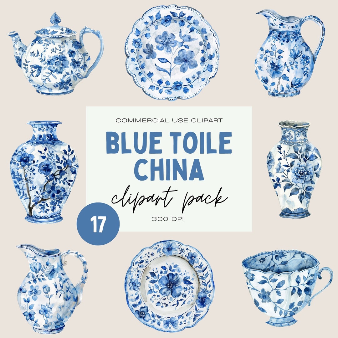 Blue Toile China Clipart: Watercolor Teapot, Vase, Plate (PNG Digital ...