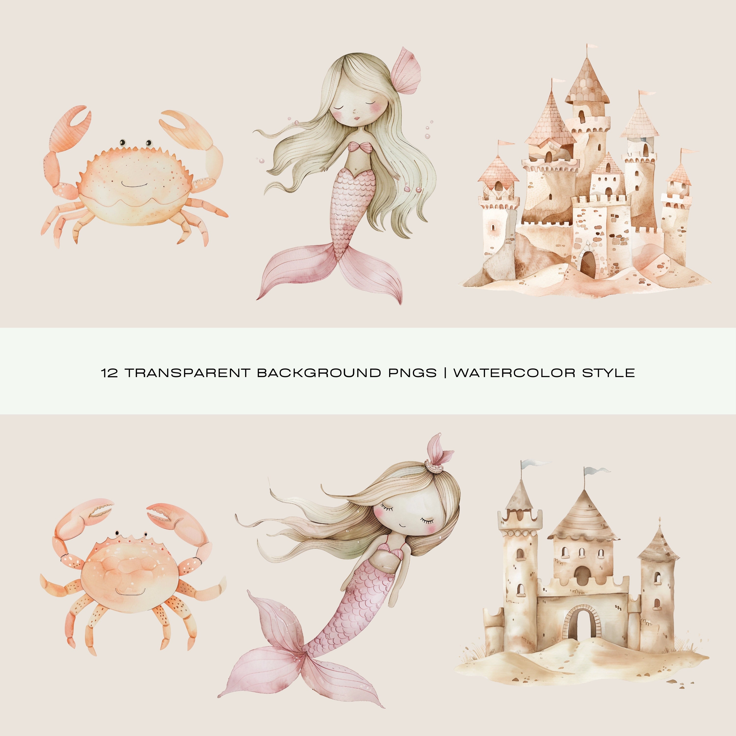 Pastel Mermaid Clipart Pack, Watercolor Neutral Boho Mermaids ...