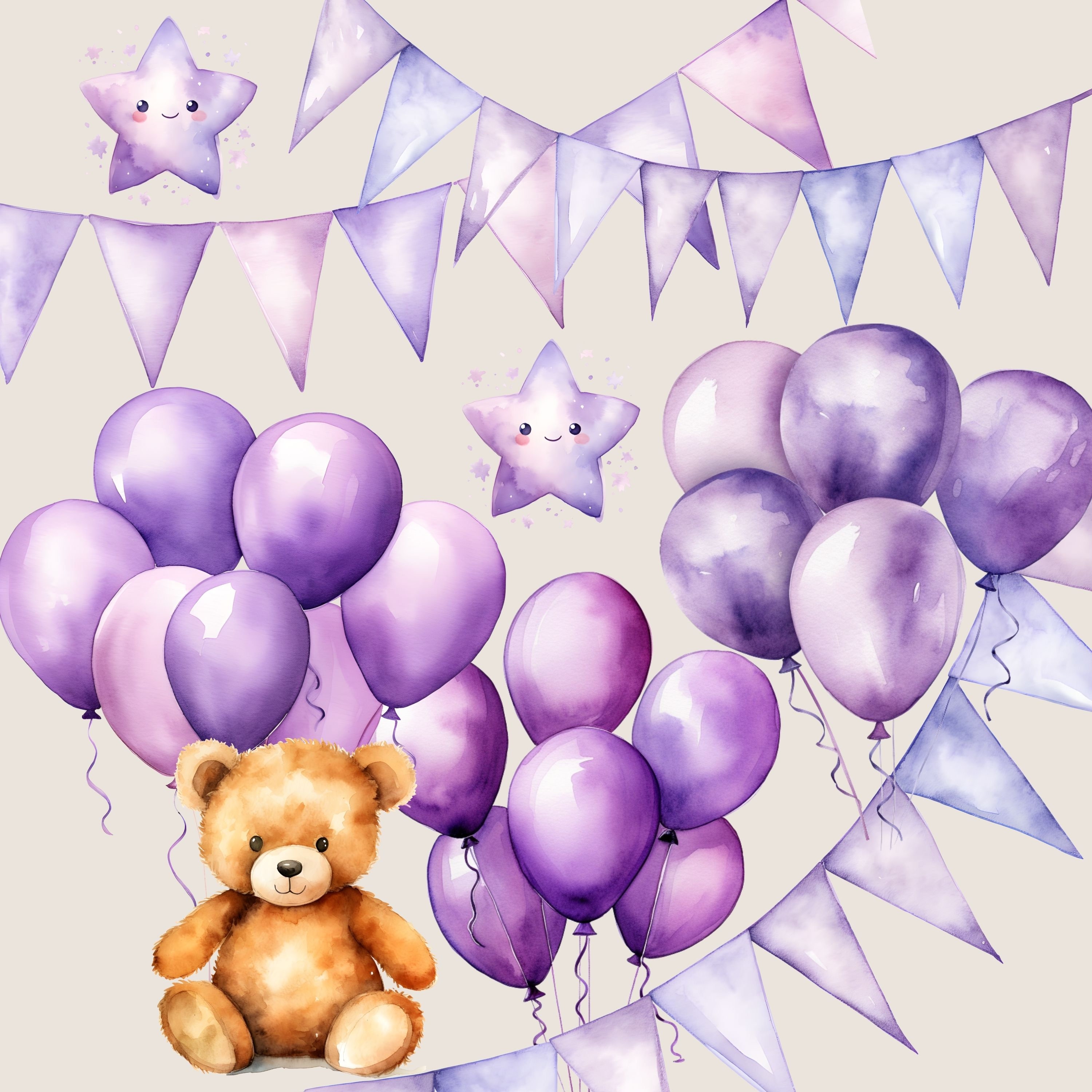 Purple Baby Shower Clipart Bundle Watercolor, Clipart for Commercial ...