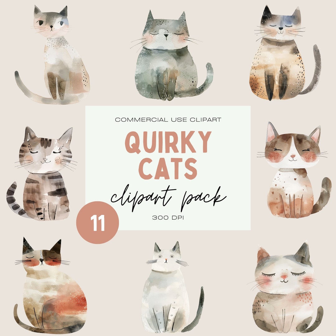 Quirky Cats Watercolor Clipart Pack, Quirky Animals, Commercial Use ...