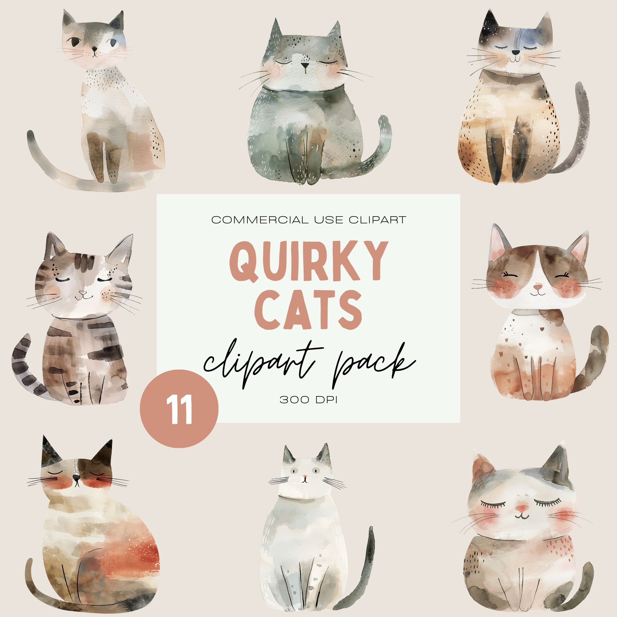 Quirky Cats Watercolor Clipart Pack, Quirky Animals, Commercial Use ...