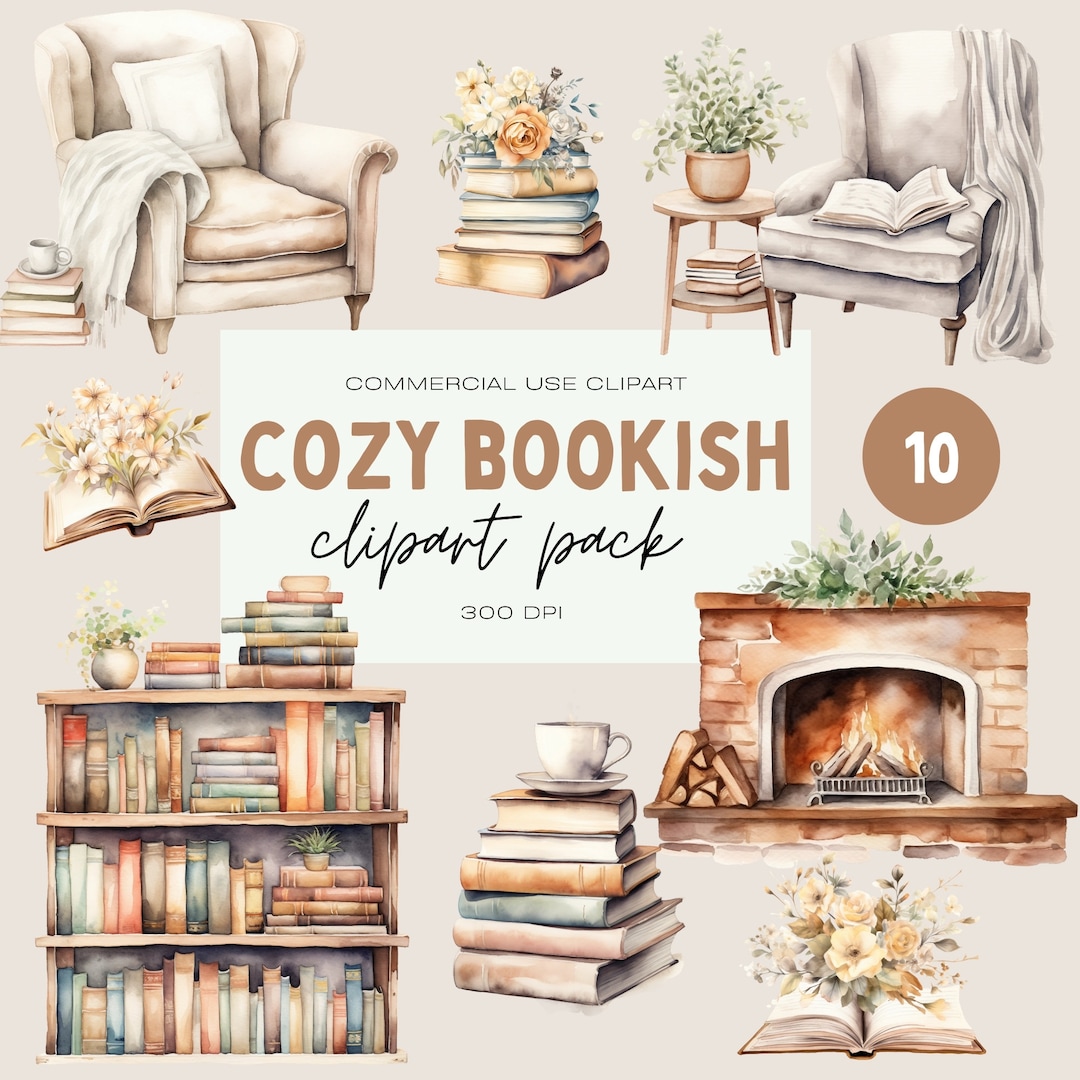 Cozy Bookish Clipart Pack, Watercolor Reading Scenes, Commercial Use ...