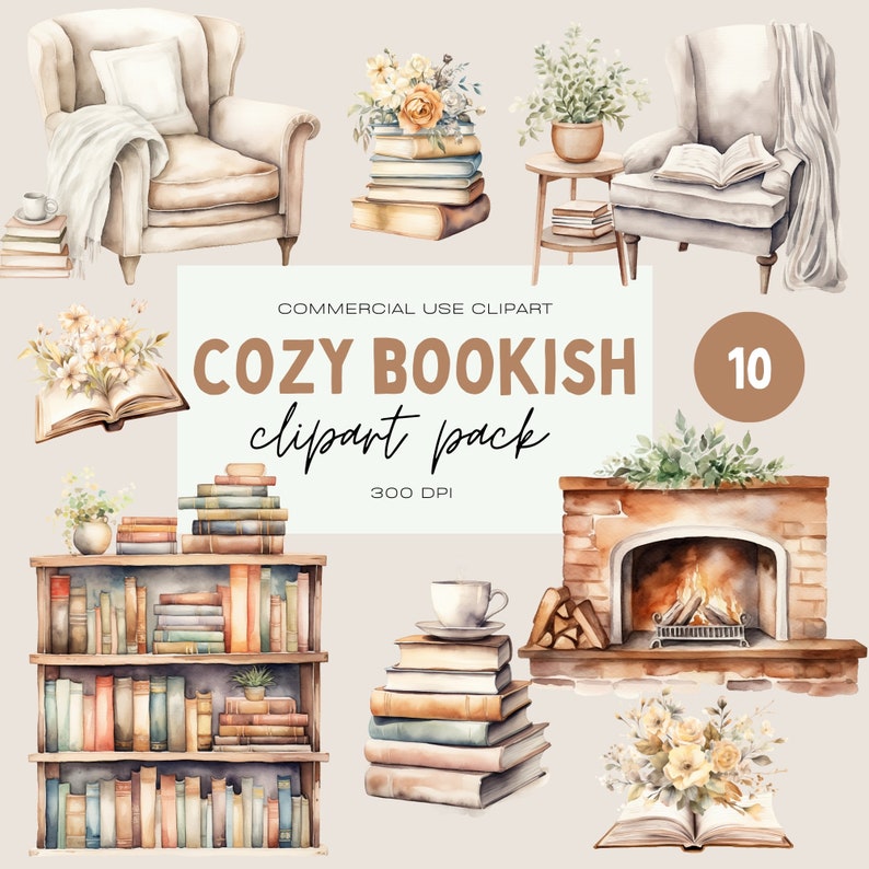 Cozy Bookish Clipart Pack, Watercolor Reading Scenes, Commercial Use ...