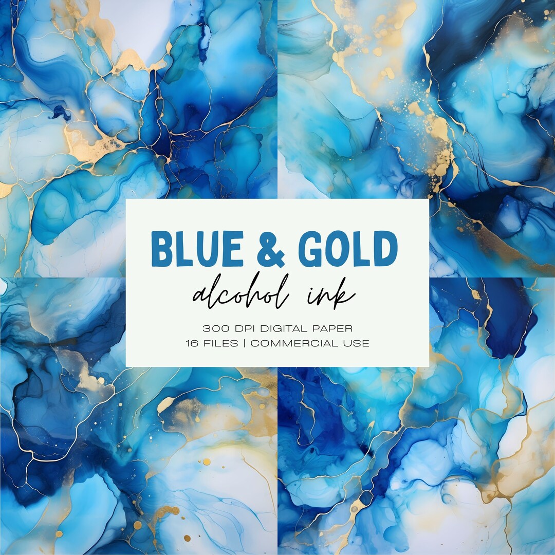 Blue and Gold Liquid Ink Digital Paper, Printable Scrapbook Paper With ...