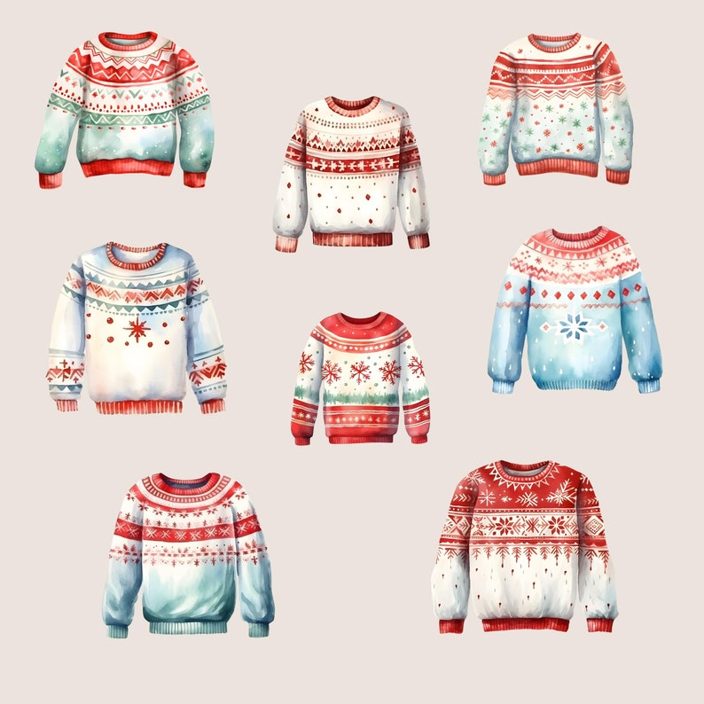 Ugly Christmas Sweaters Clipart Pack, Watercolor Festive Clipart, Xmas ...