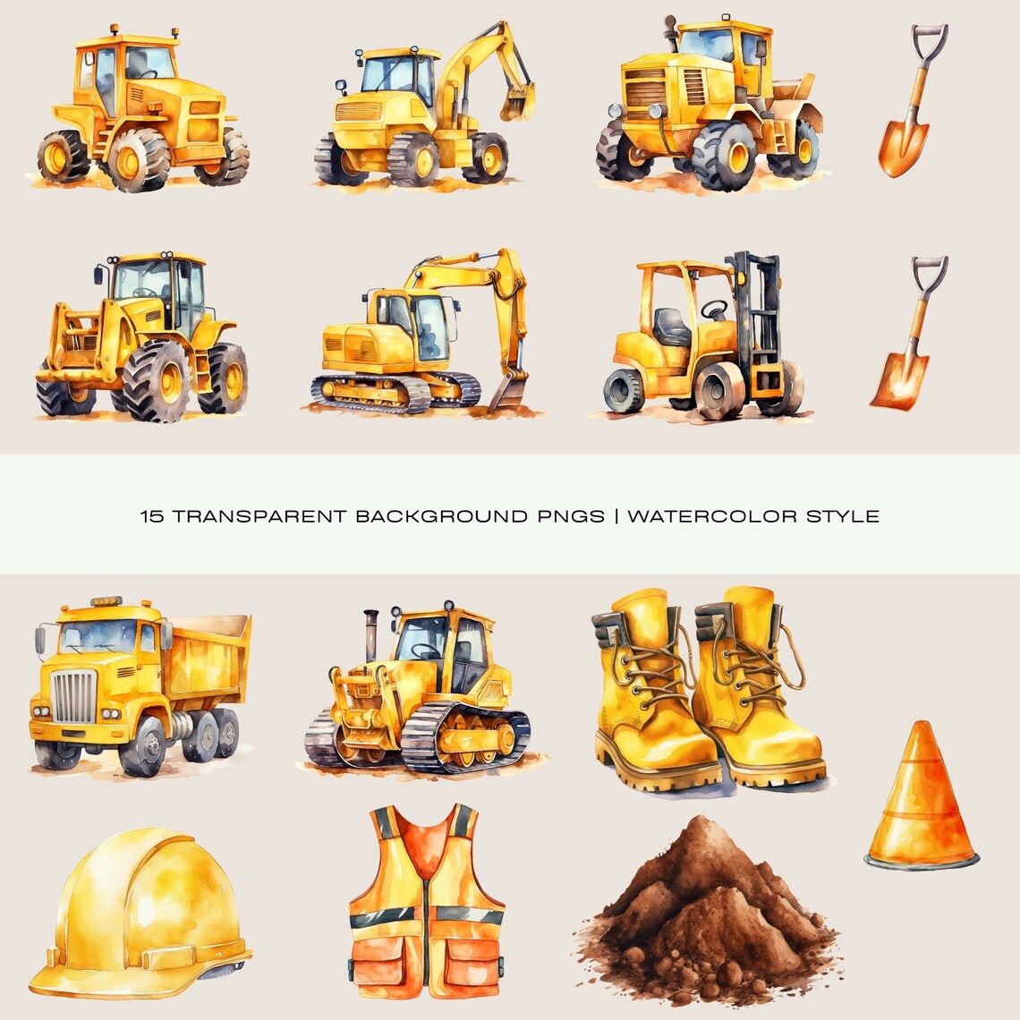 Construction Clipart Pack, Watercolor Excavator Graphics, Commercial ...