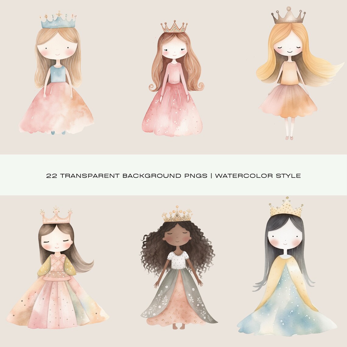 Pastel Princess Clipart Pack, Watercolor Princesses, Commercial Use ...