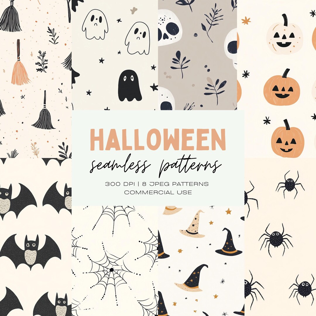Cute Halloween Seamless Patterns, Spooky Backgrounds, Commercial Use ...