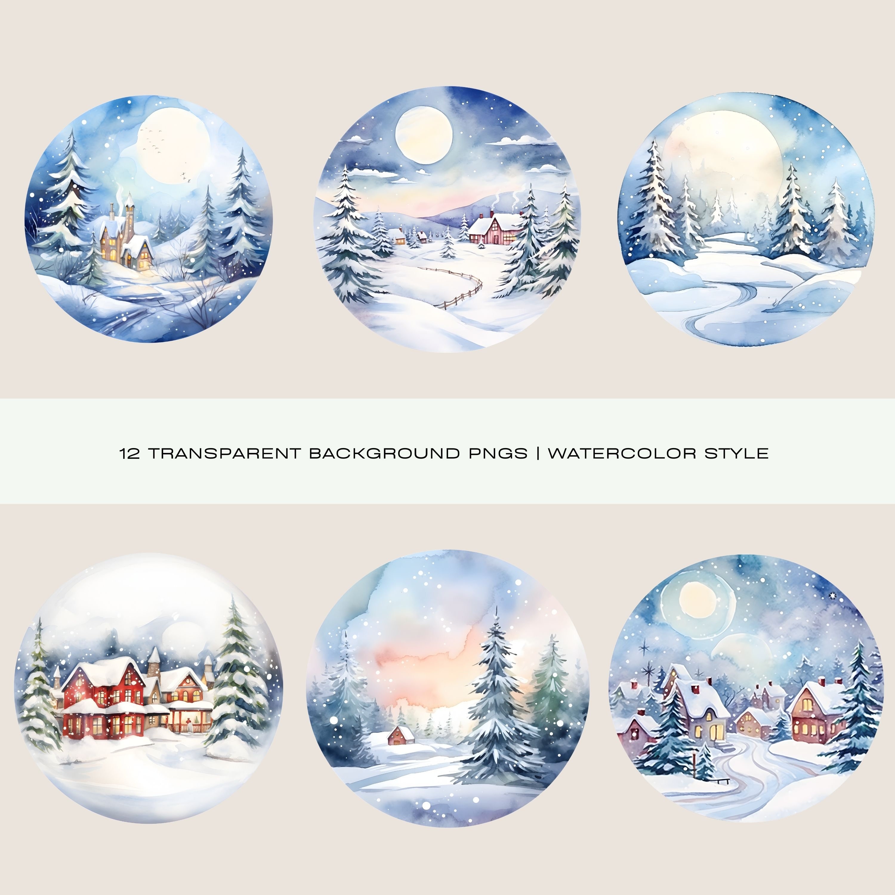Watercolor Christmas Scene Clipart, Commercial Use Clipart, Transparent ...