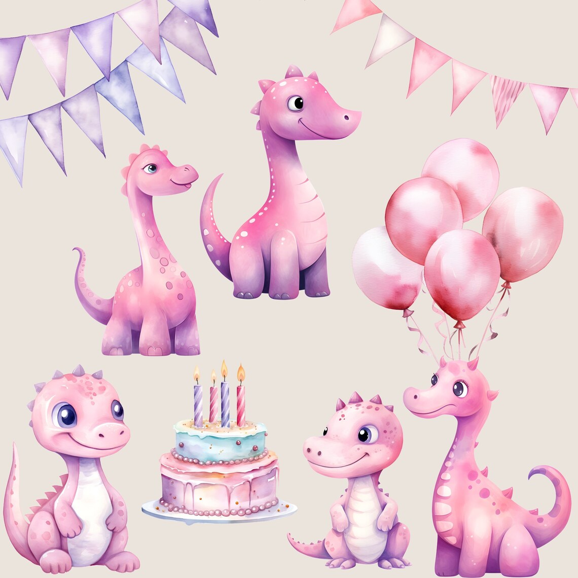 Girly Dinosaur Clipart Pack, Dinosaur Party Clipart, Commercial Use ...