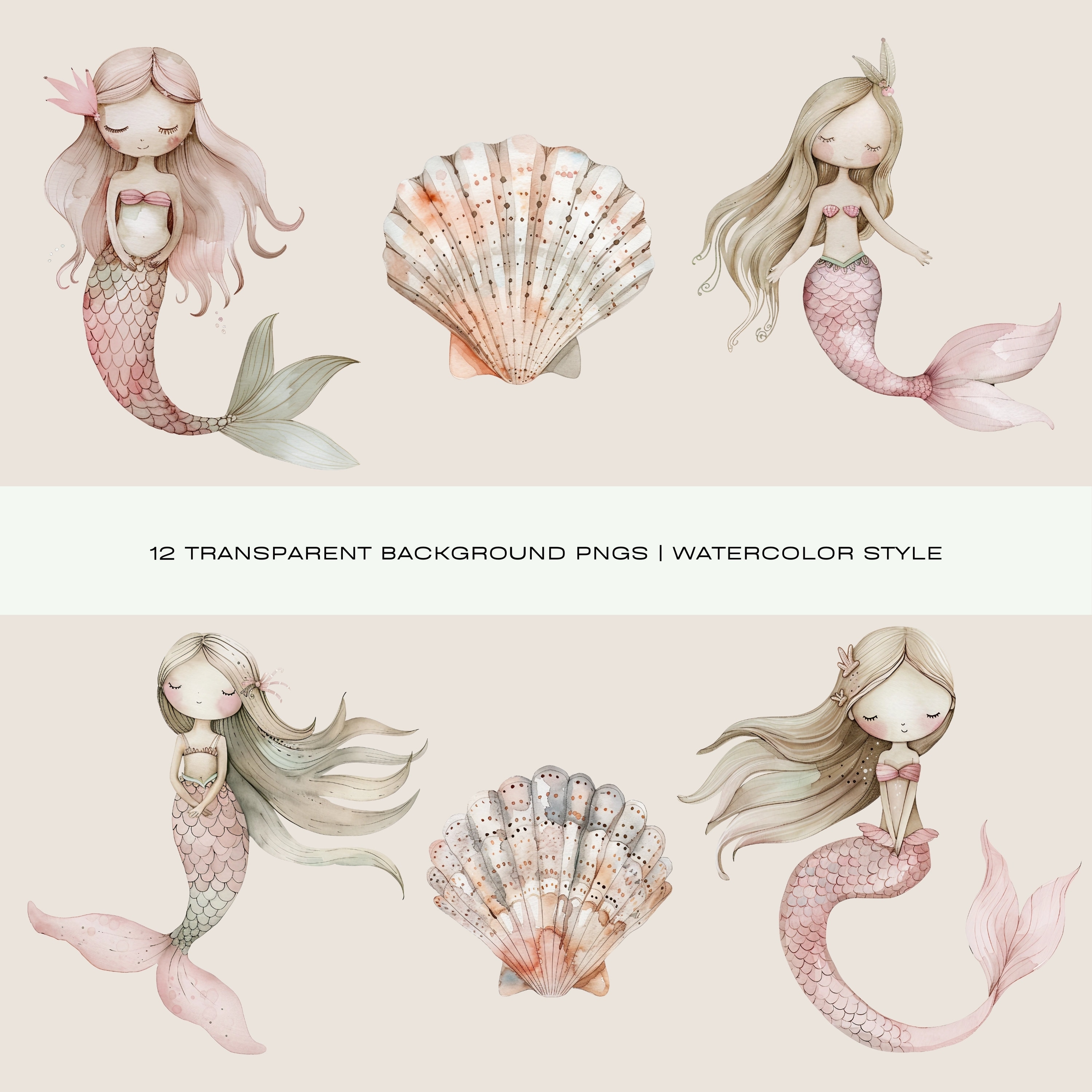 Pastel Mermaid Clipart Pack, Watercolor Neutral Boho Mermaids ...