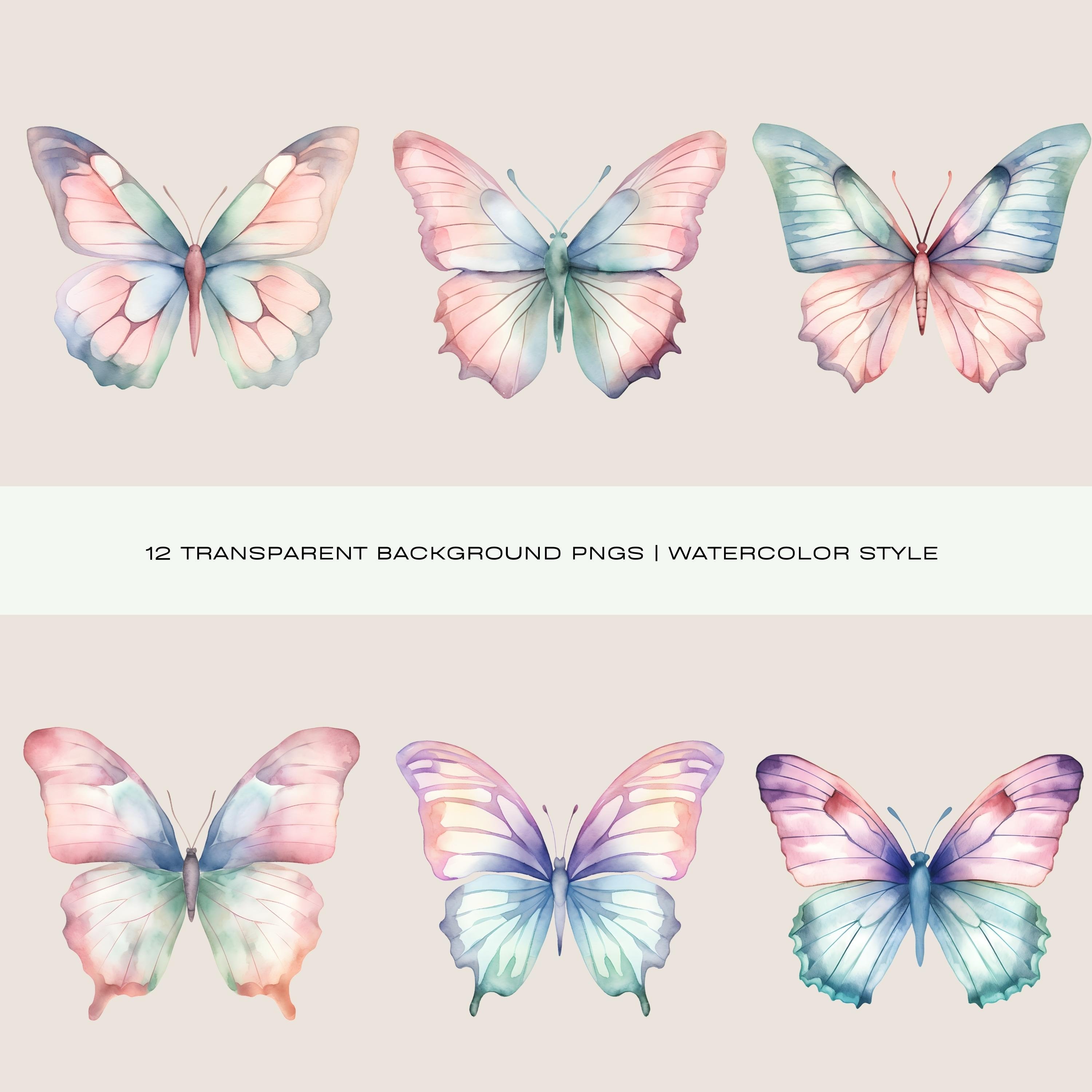Pastel Butterflies Clipart Pack, Watercolor Butterfly, Commercial Use ...