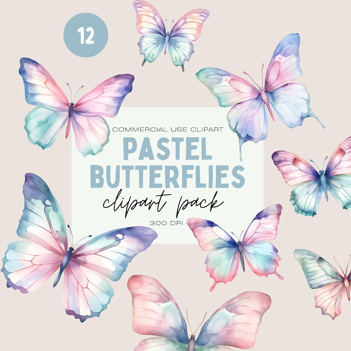 Pastel Butterflies Clipart Pack, Watercolor Butterfly, Commercial Use ...