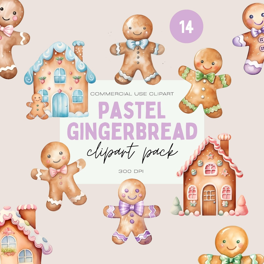 Pastel Gingerbread Clipart Pack, Festive Watercolor Graphics, Christmas ...