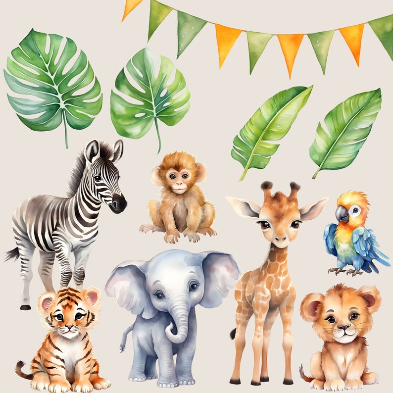 Watercolor Safari Animals Clipart Bundle, Jungle Safari Clipart, Wild ...