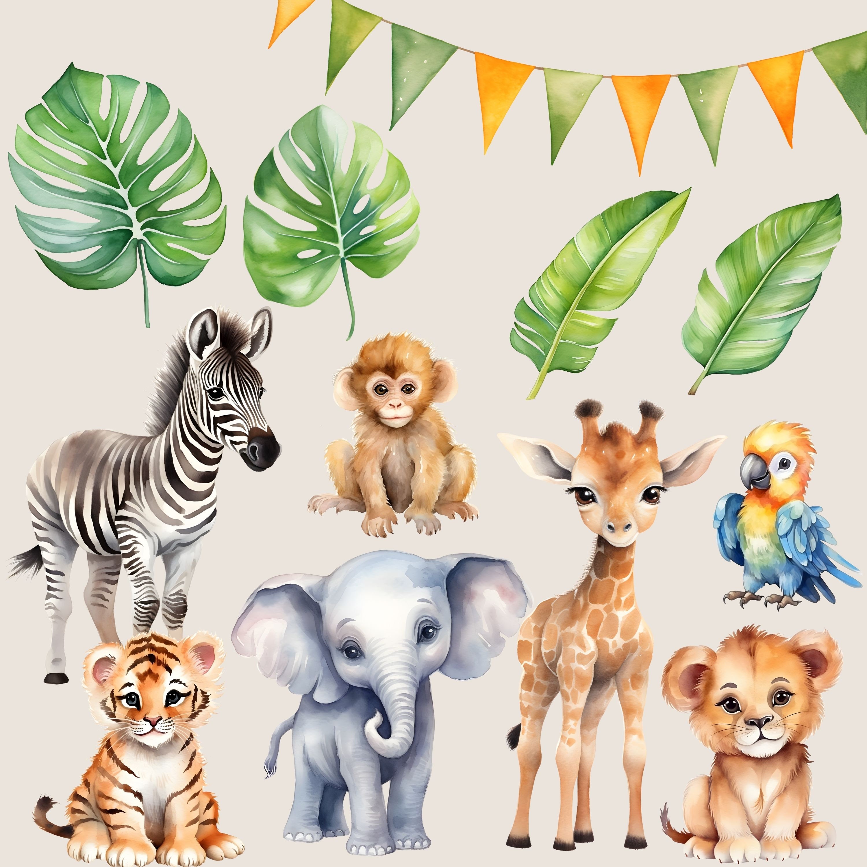 Watercolor Safari Animals Clipart Bundle, Jungle Safari Clipart, Wild ...