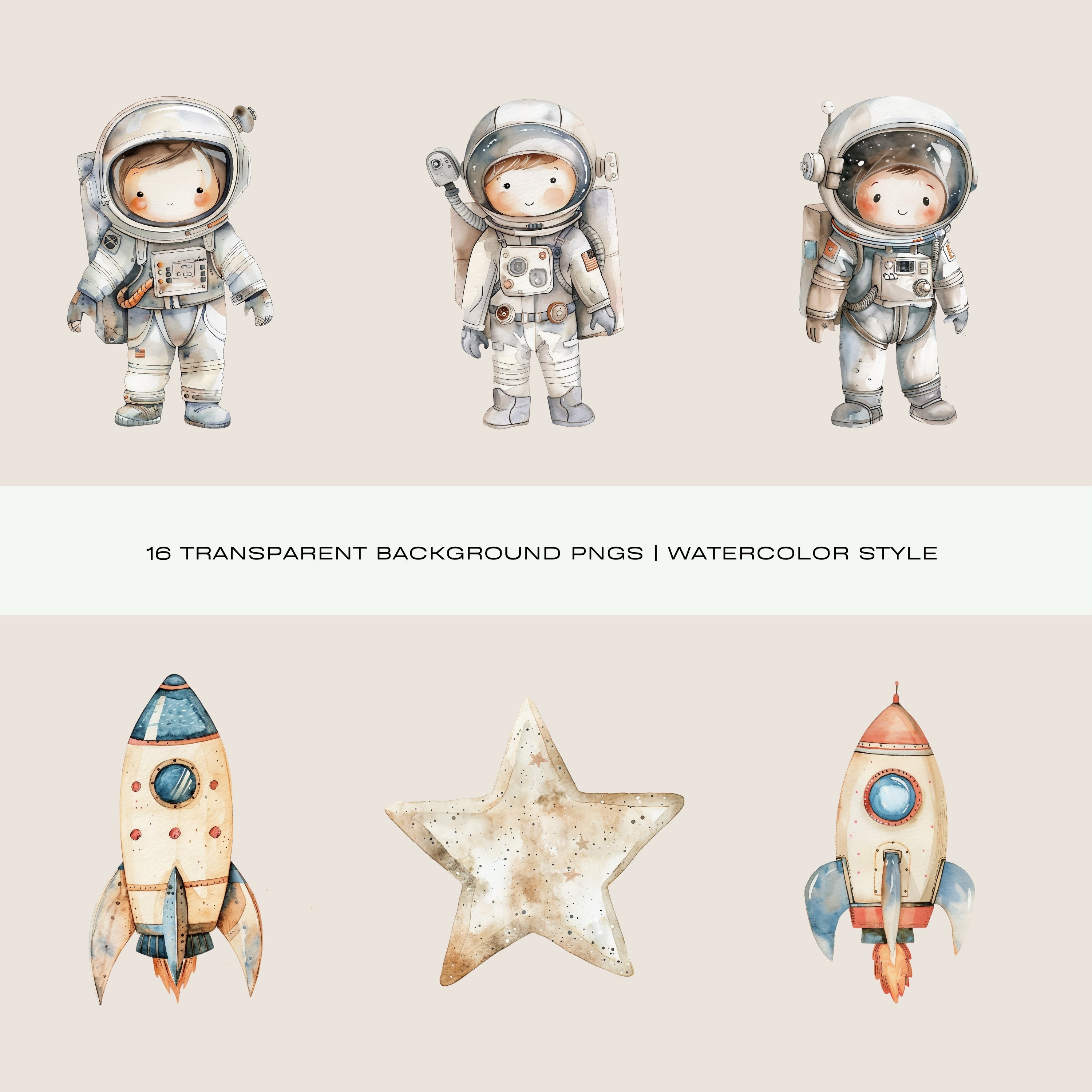 Watercolor Space Clipart Bundle, Astronaut Rocket Transparent Pngs ...