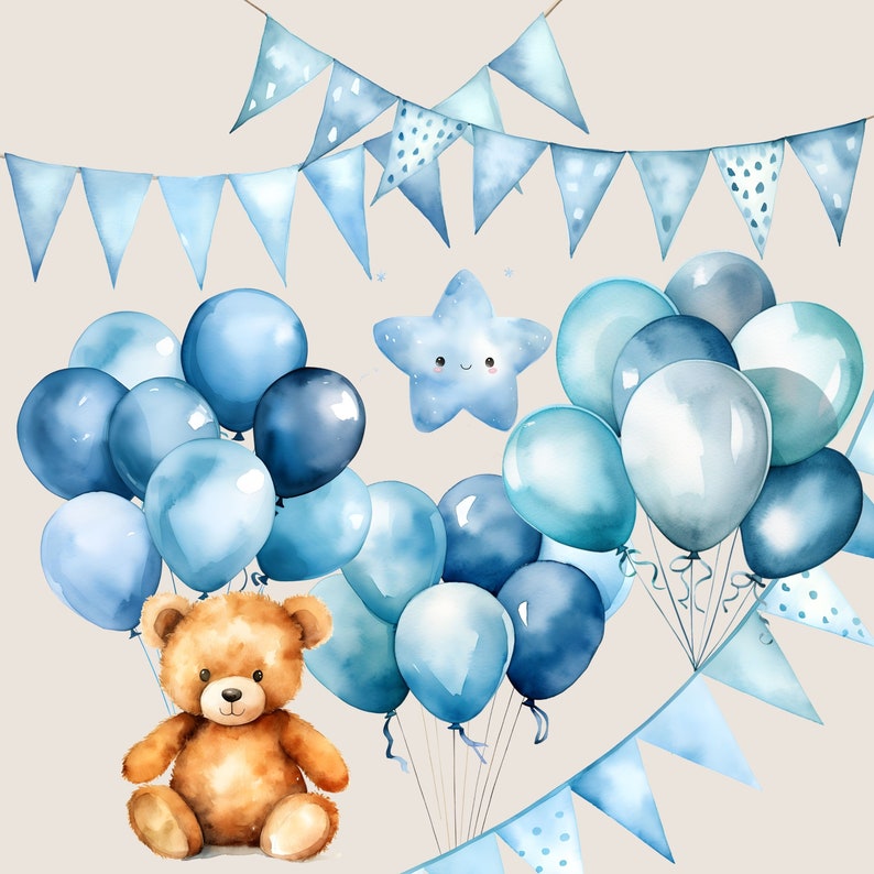 Blue Baby Shower Clipart Bundle Watercolor, Commercial Use Transparent ...