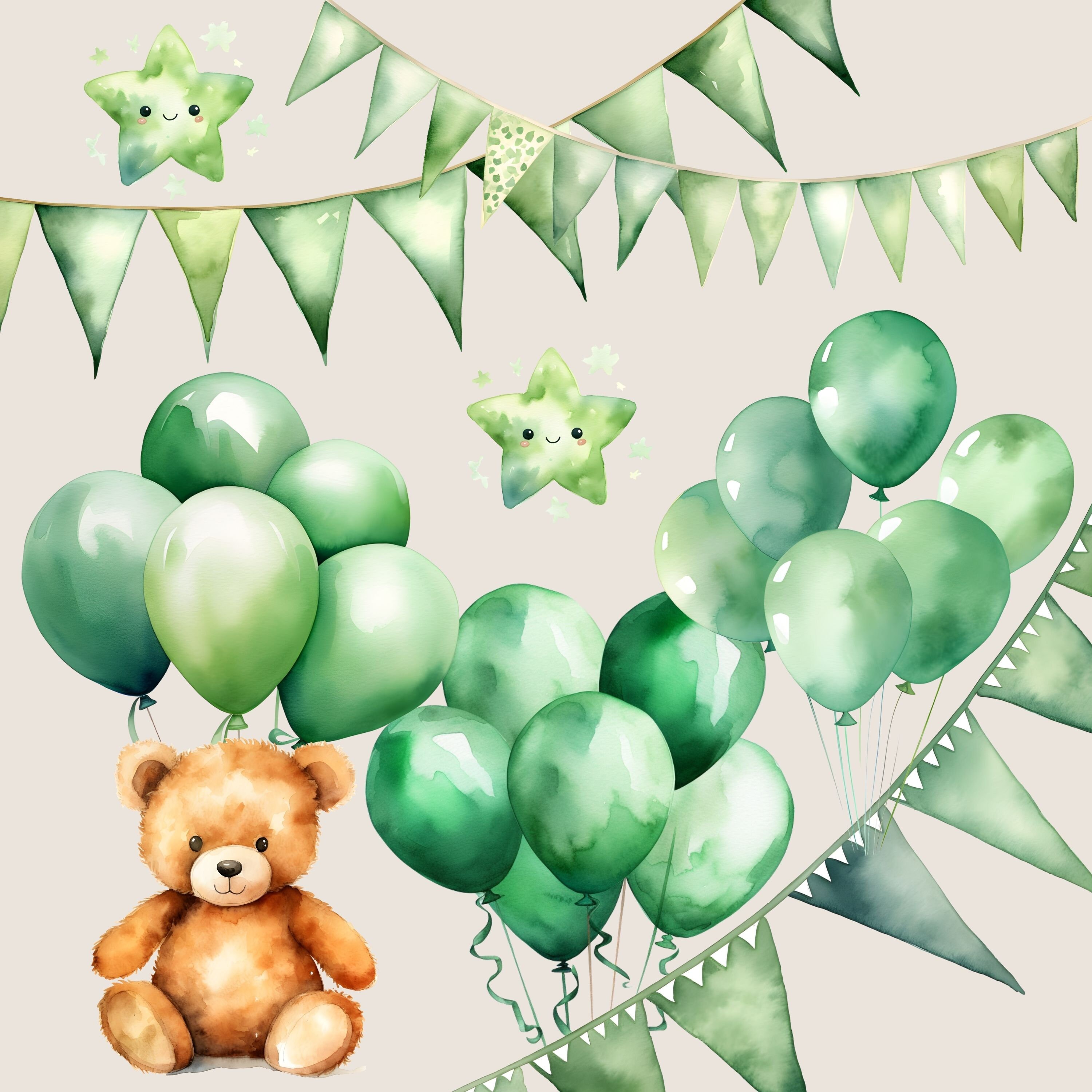 Green Baby Shower Clipart Bundle Watercolor, Clipart for Commercial Use ...