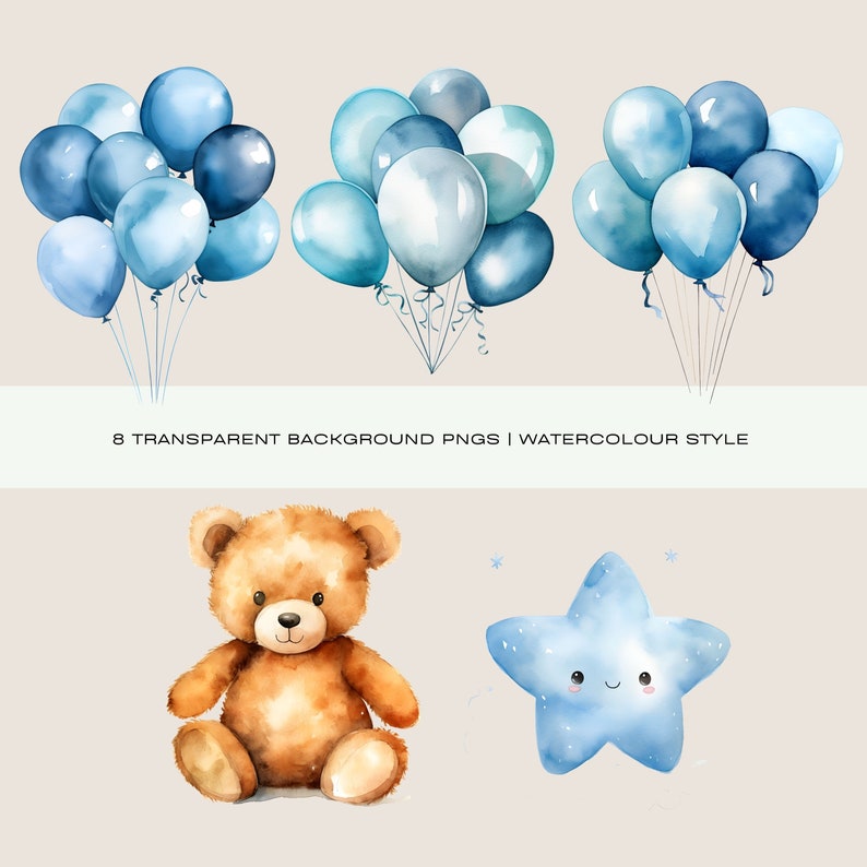 Blue Baby Shower Clipart Bundle Watercolor, Commercial Use Transparent ...