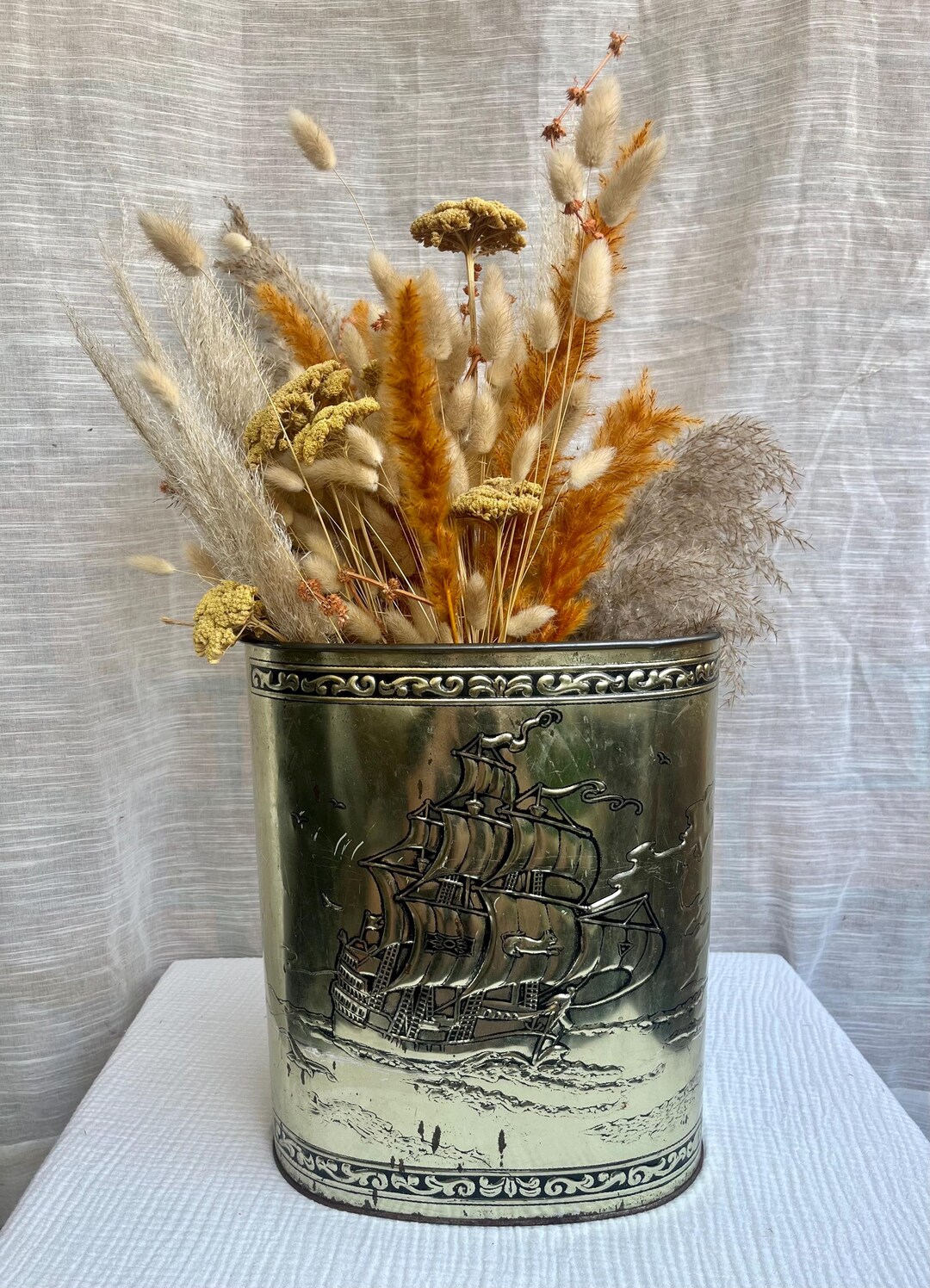Vintage Brass Nautical Design Wastebasket | Trash Can Planter Ship Boat ...
